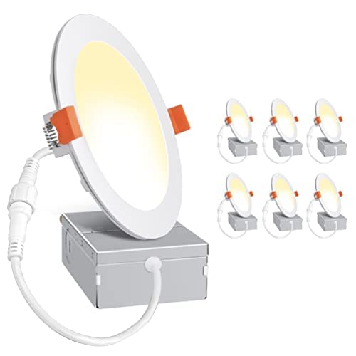 obstime 12 Pack 4 Inch Ultra-Thin Recessed Ceiling Light Slim with Junction Box,2700K/3000K/4000K/5000K/6000K Selectable,CRI 90,9W Eqv 80W, Dimmable LED Can Wafer Lights, High Brightness Downlight