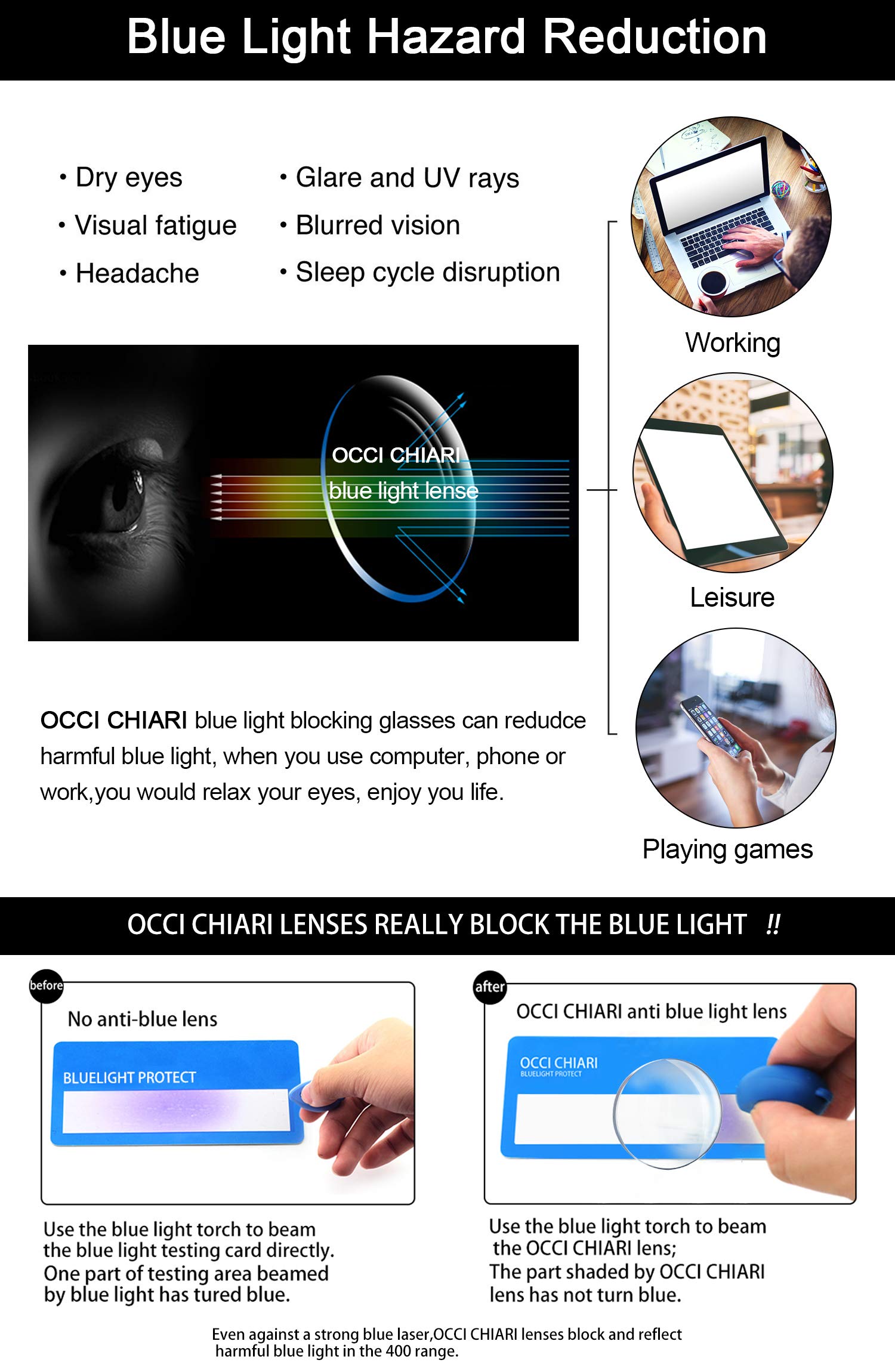 OCCI CHIARI Blue Light Blocking Computer Glasses for UV Protection Anti Eyestrain Anti Glare Lens Lightweight Frame Eyeglasses Black Frame,Women