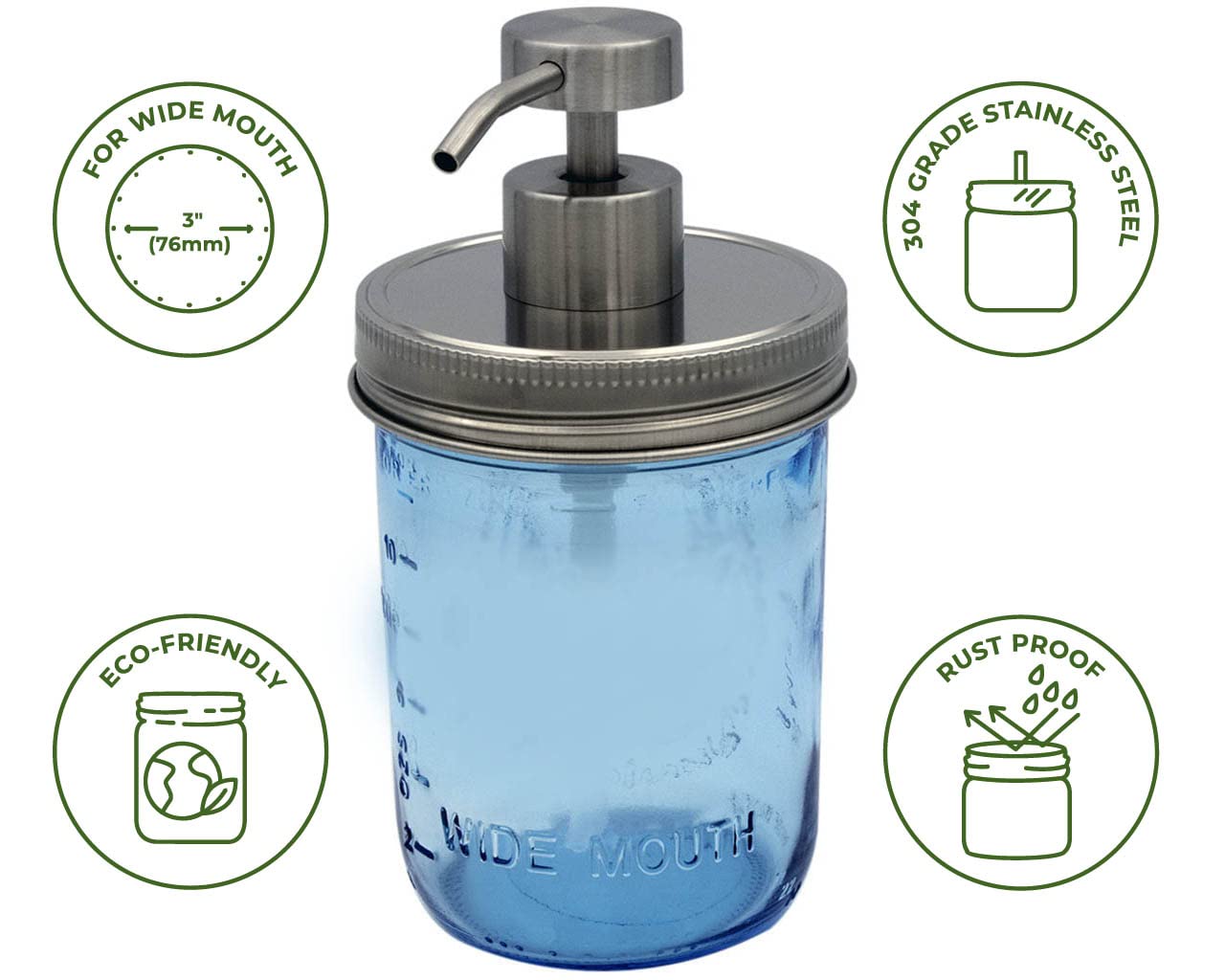 Mason Jar Lifestyle Satin/Brushed #2 Stainless Steel Soap Pump Lid | Hand Soap Pump Top/Lotion Dispenser Pump Replacement Lids for Mason Jars (Wide Mouth)