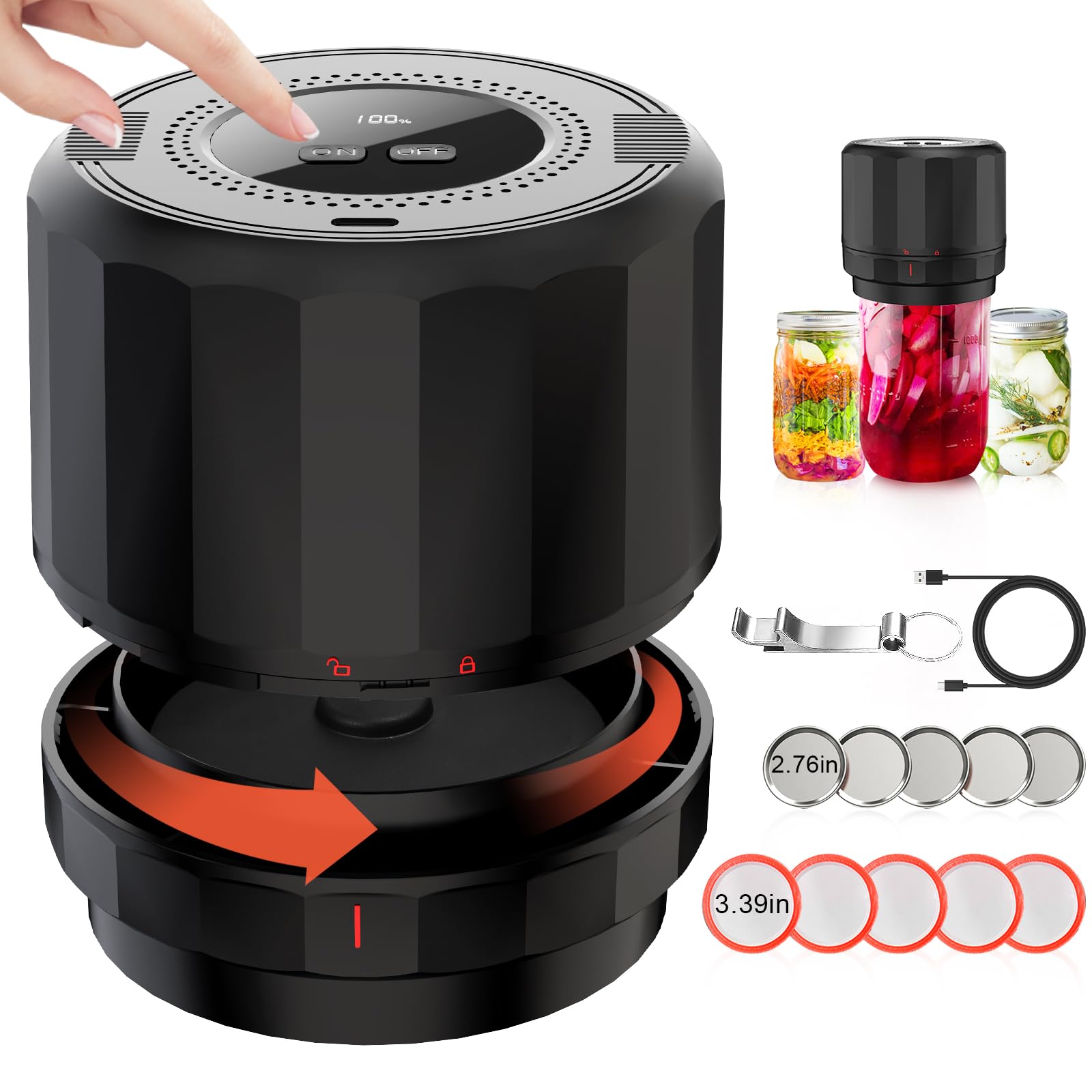 Mason Jar Vacuum Sealer - Electric Mason Jar Sealer Vacuum Sealing Kit, Vacuum Sealer for Mason Canning Jars with Can Opener, Regular and Wide Mouth Mason Jar Lids (Black)