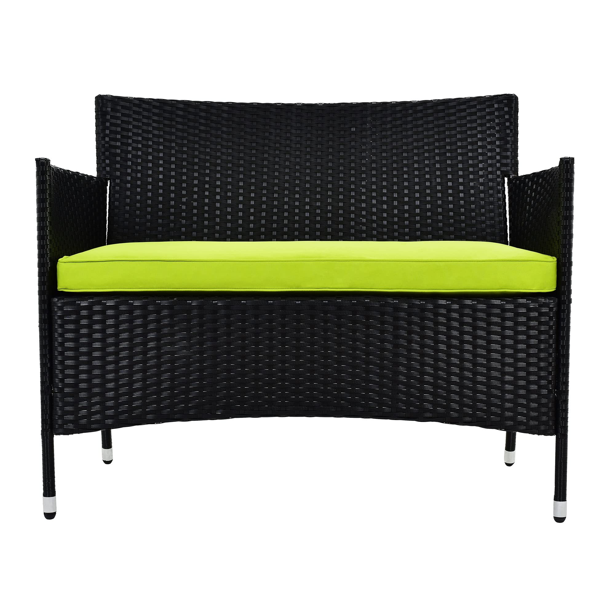 LIUZH 4PCS Patio Furniture Outdoor Garden Conversation Set Black Wicker 2 Armchairs+1 Double Sofa+1 Table w/Green Cushion