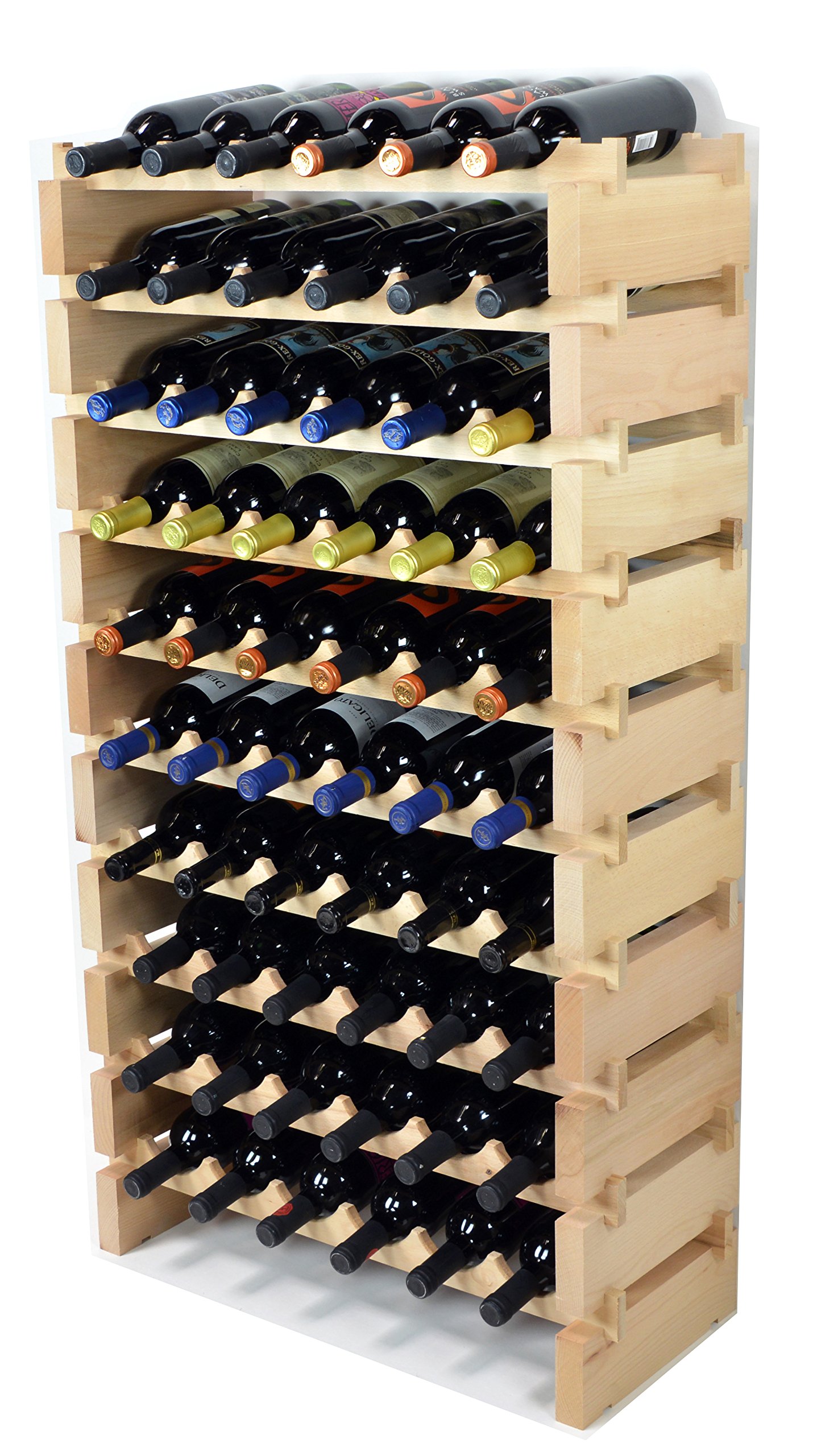 sfDisplay.com,LLC. Modular Wine Rack Pine Wood 24-72 Bottle Capacity Storage 6 Bottles Across up to 12 Rows Stackable Newest Improved Model (60 Bottles - 10 Rows)