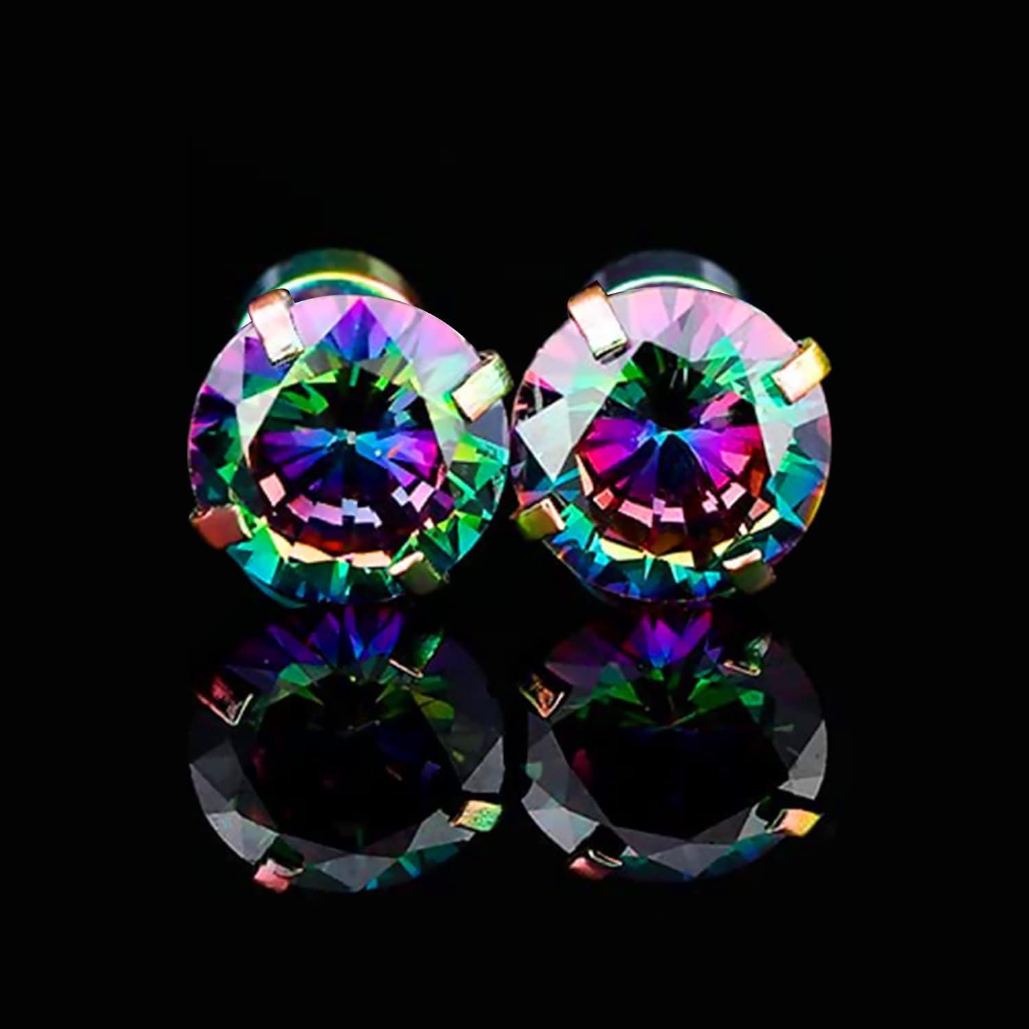 Titanium Screw Flat Back Pack of Earrings Rainbow Cubic Zirconia Simulated Diamond Stud for Women Men 18K Gold Plated Surgical Stainless Steel Helix Piercing Hypoallergenic for Sensitive Ears 20G