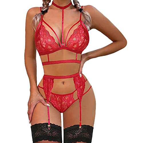 Panties and Stockings Lace Garter Solid Color Lingerie Set with Removable Choker Fishnet Tights for Women Lingerie