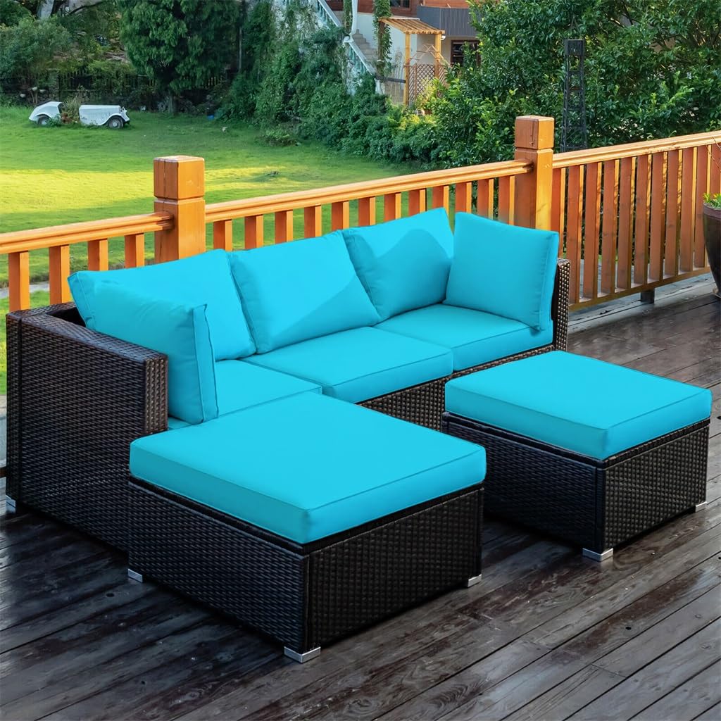 LIUZH 5PCS Patio Rattan Furniture Set Sectional Conversation Set Ottoman Turquoise