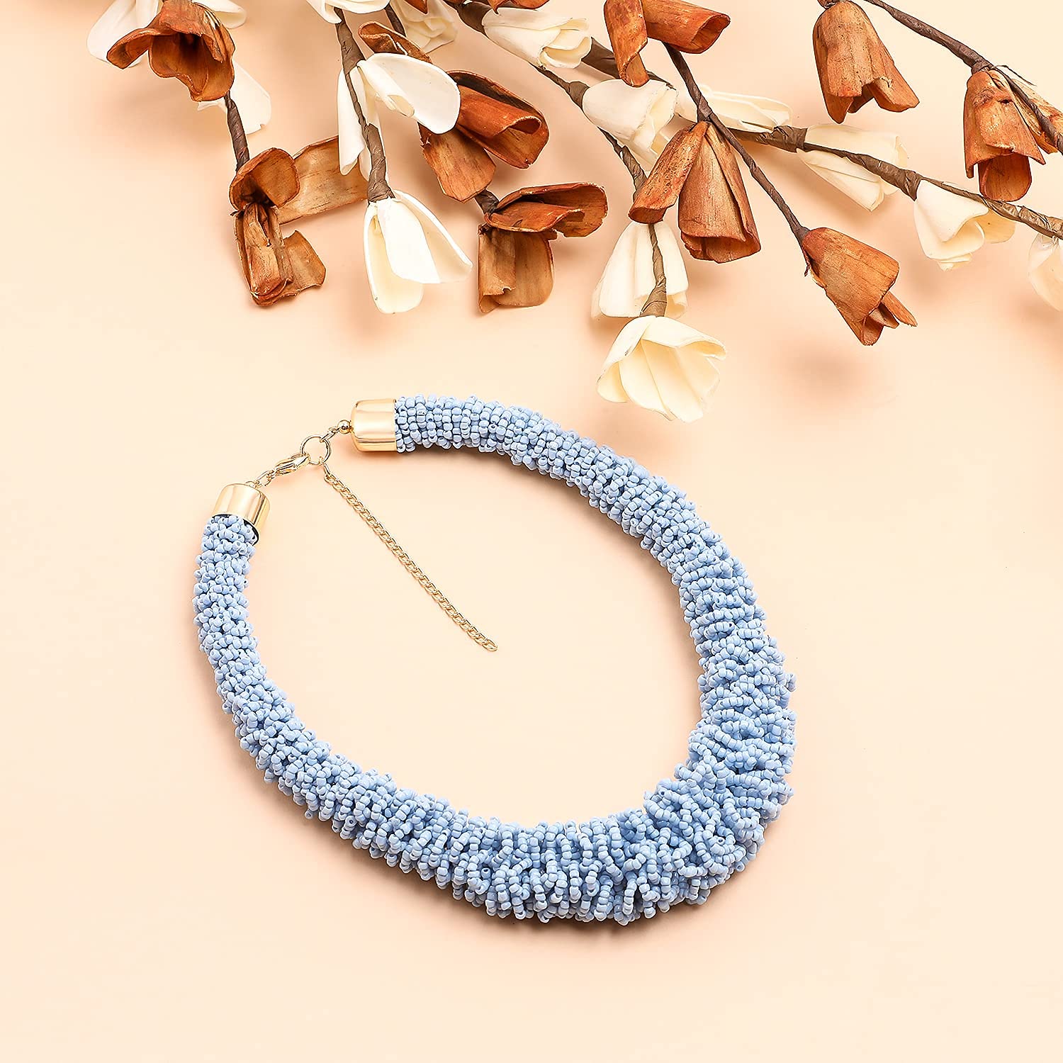 RF RIZIR FASHION Long Handmade Boho Necklaces for Women - Statement Necklace - Seed Bead Necklaces for Girls and Women (Light Blue)