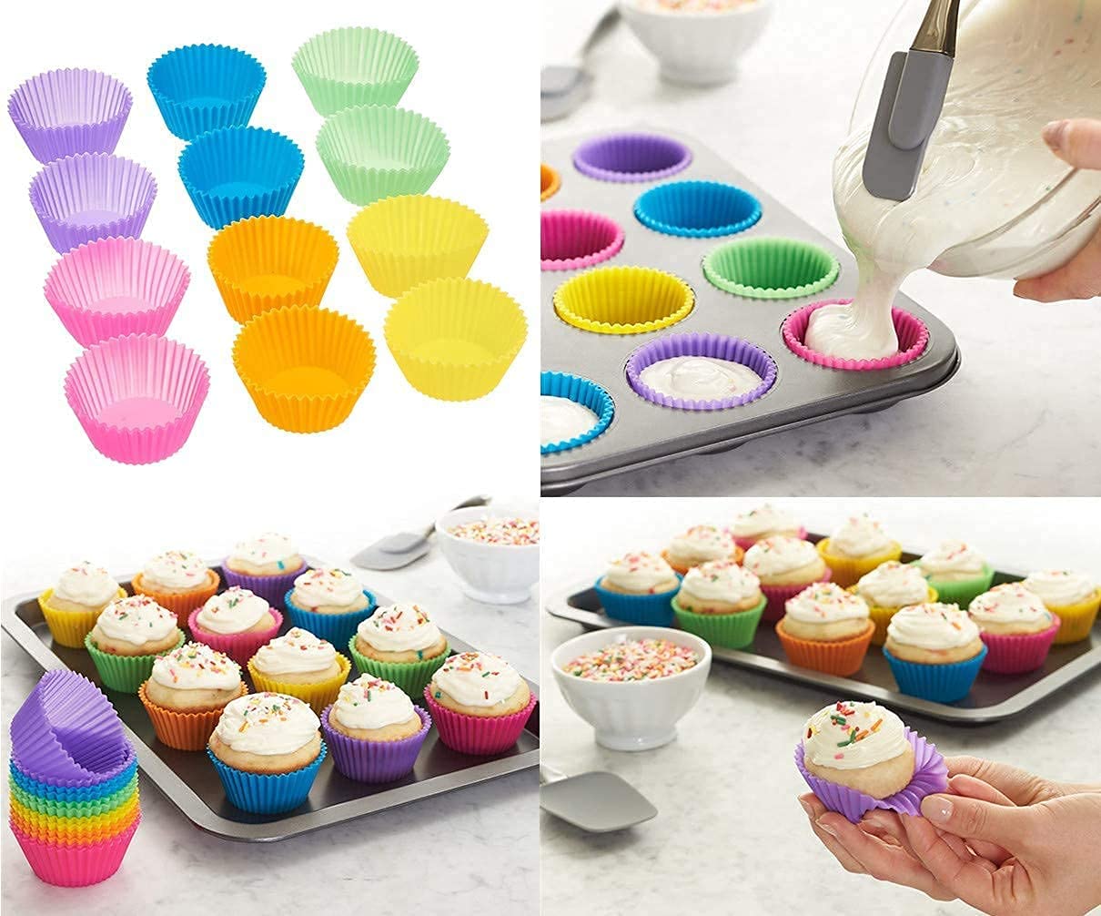 swiftrans Silicone Muffin Pan Cupcake Set,Non Stick, Bpa Free12 Cups Muffin Baking Pan,Silicone Baking Molds Set with 1 Scraper,1 Brush and 12 Muffin Cups