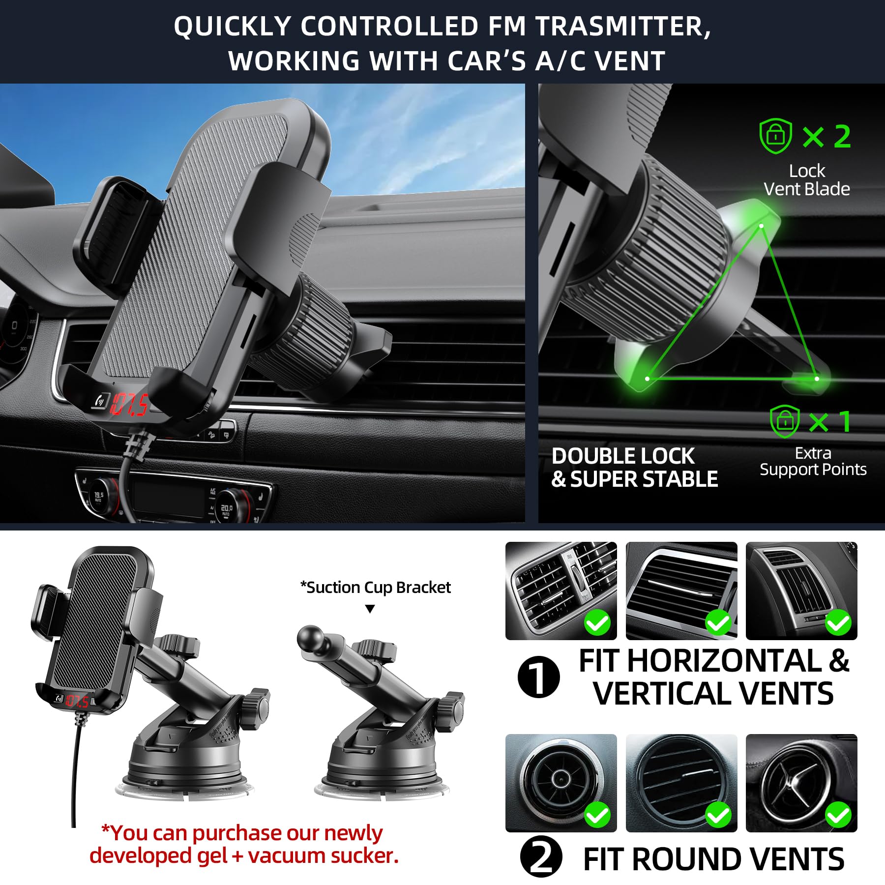 Majiphi Bluetooth Car Adapter,[Your Friendly FM Bluetooth Transmitter for Car Driving],Quickly Controlled with Car's A/C Vent Phone Mount,5.3 FM/AUX for Hands-Free Calling and Enjoy Music (Dark Grey)