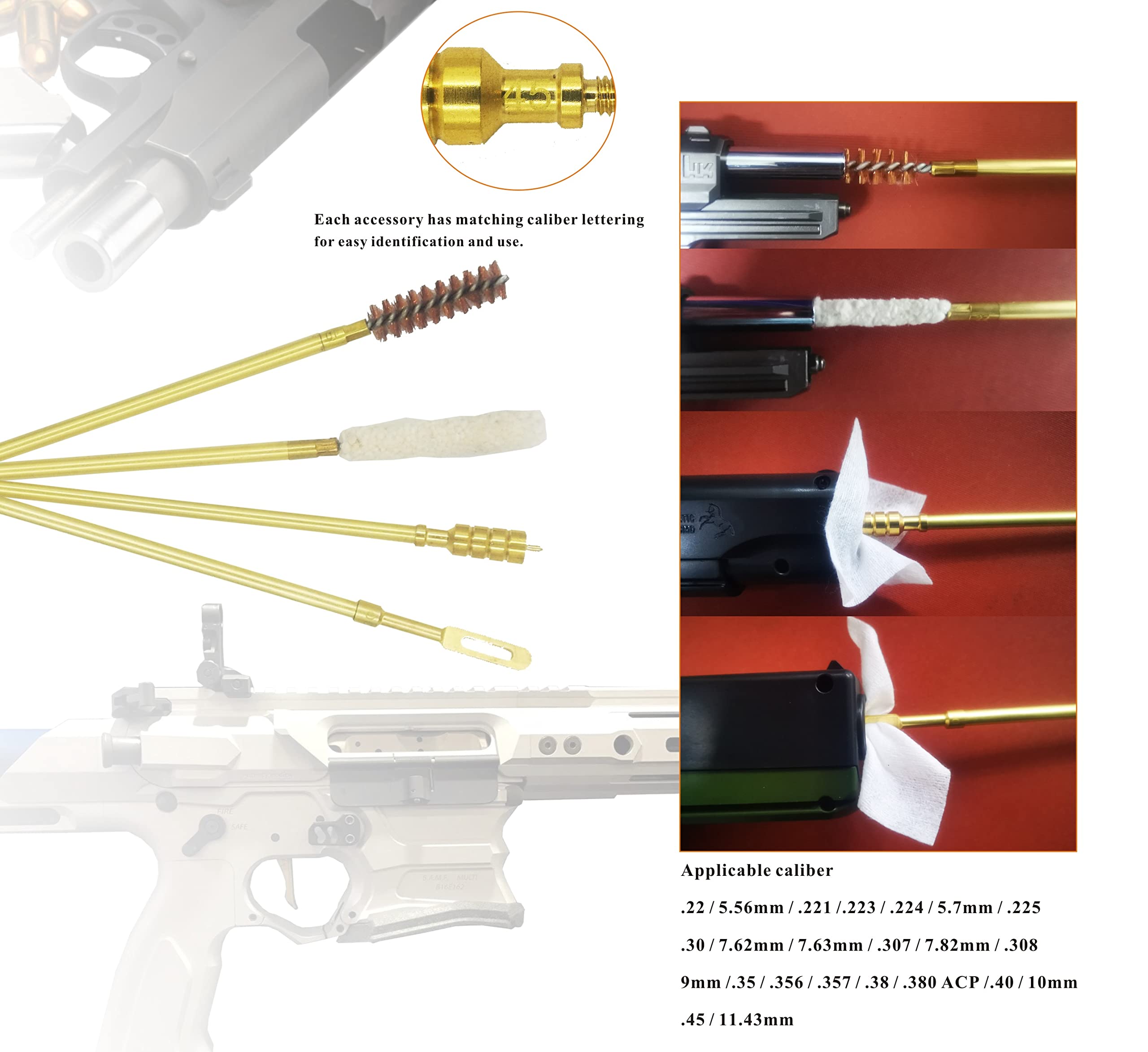 Romanideal Universal Gun Cleaning Kit 25 Pieces .22.30 9mm .45 Caliber Gun Cleaning Brushes Copper Cleaning Rod 8-32 Thread and Other Gun Cleaning Accessories