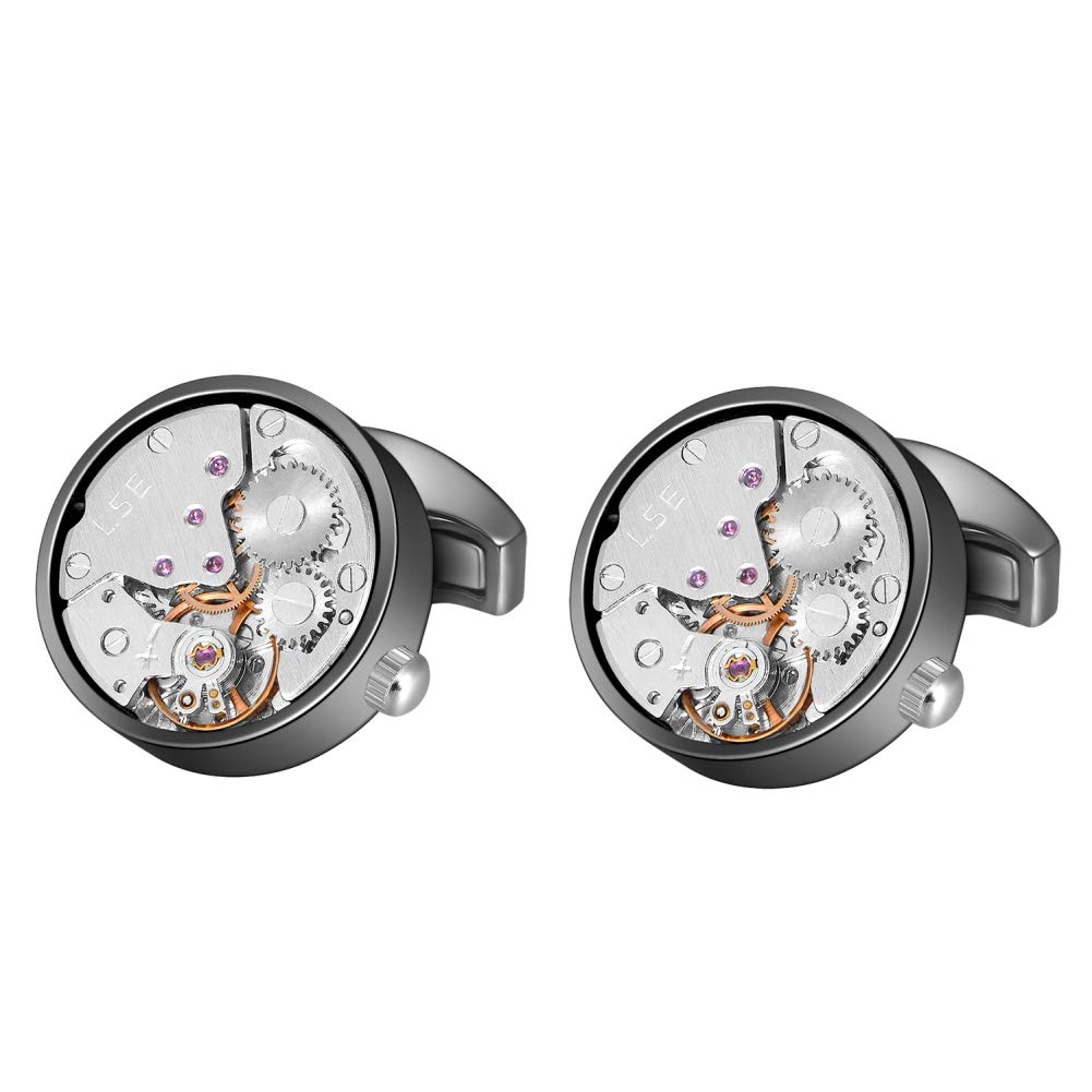 MERIT OCEAN Movement Cufflinks Steampunk Watch Mens Shirt Vintage Watch Cuff Links Business Wedding Gifts (Silver in The Middle)
