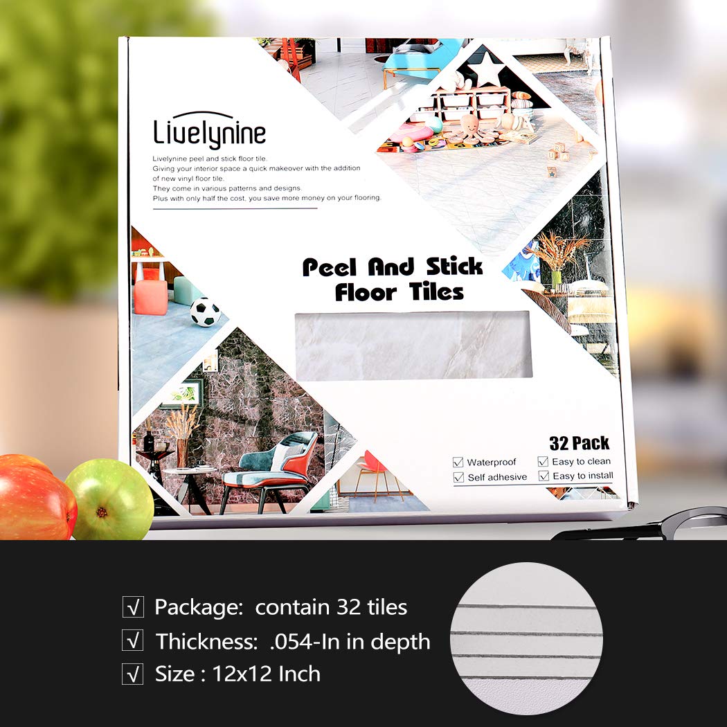 Livelynine 32 Pack Peel and Stick Floor Tile 12X12 Inch Light Grey Marble Peel and Stick Vinyl Flooring Sheet Kitchen Flooring Tiles Bathroom Stick on Floor Tile Stickers Bedroom Laminate Linoleum