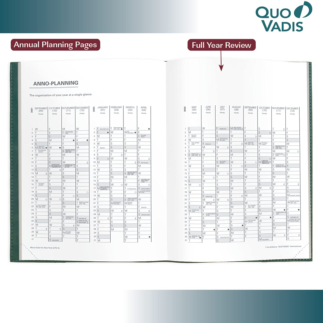 Quo Vadis 2023-2024 Note 21 Weekly Planner 17 Months, Aug. to Dec. 6" x 8 1/4" Smooth Faux Leather Billy Green - A Modern Design for Journaling and Detailed Planning
