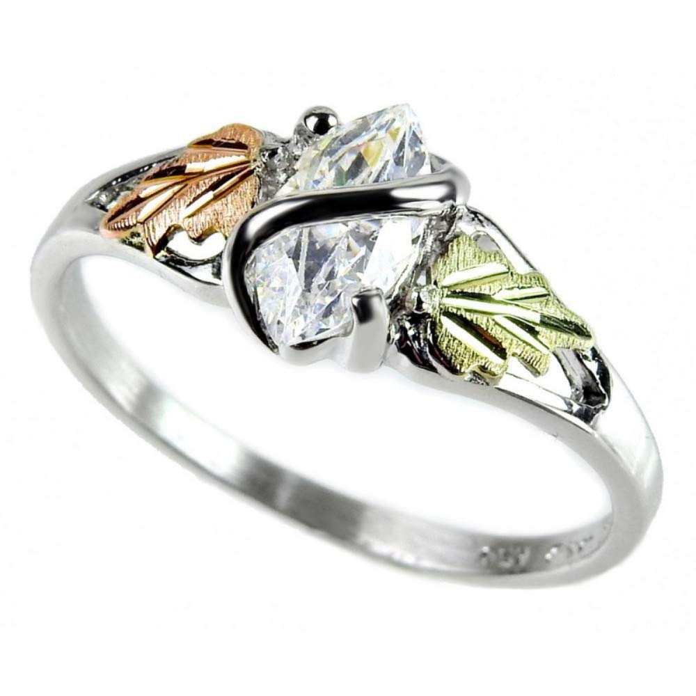 Marquise CZ with Leaf Slim-Profile Ring, Sterling Silver, 12k Green and Rose Black Hills Gold Size 9.75