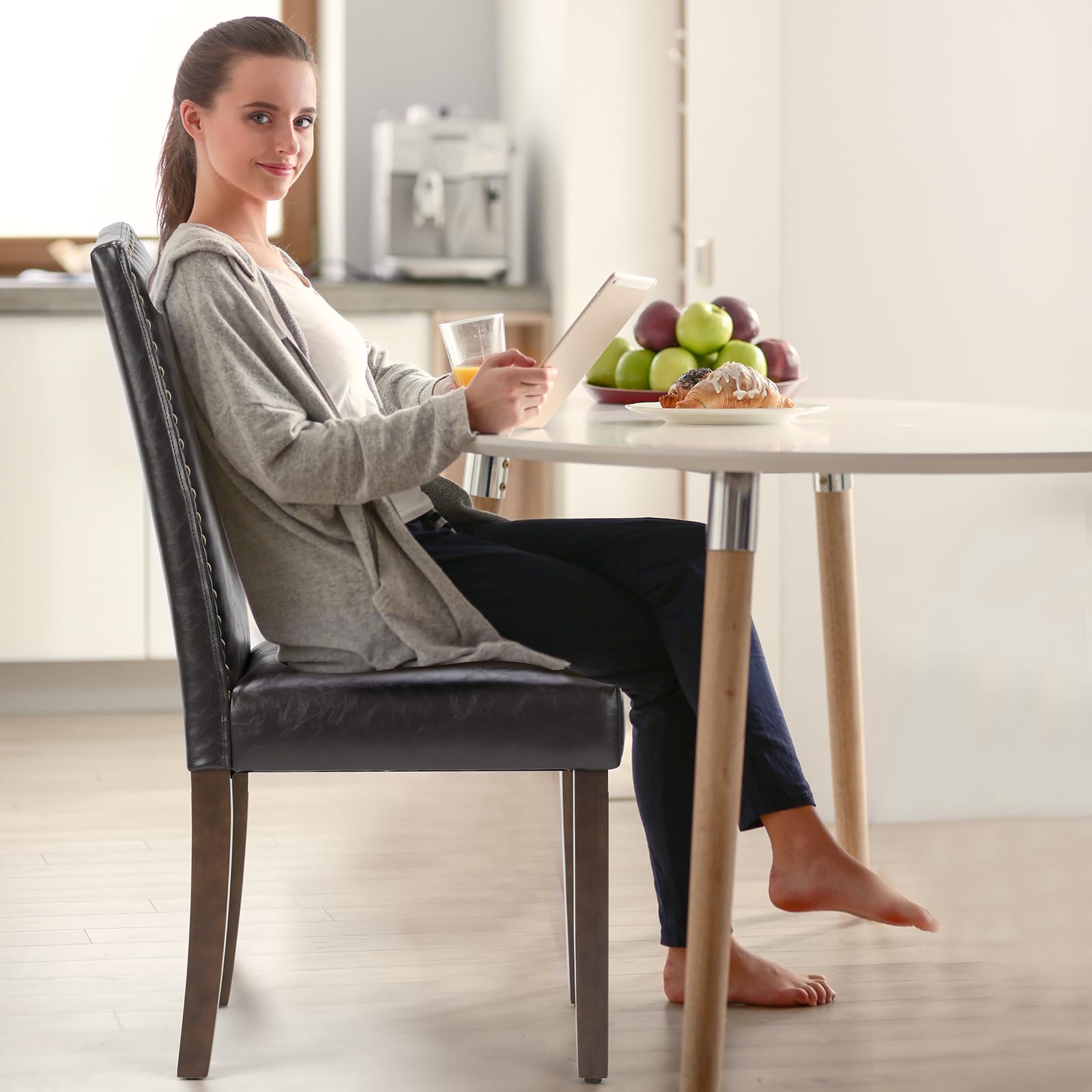 MCQ Upholstered Dining Chairs Set of 2, Modern Upholstered Leather Dining Room Chair with Nailhead Trim and Wood Legs, Mid-Century Accent Dinner Chair for Living Room, Kitchen, Dark Brown