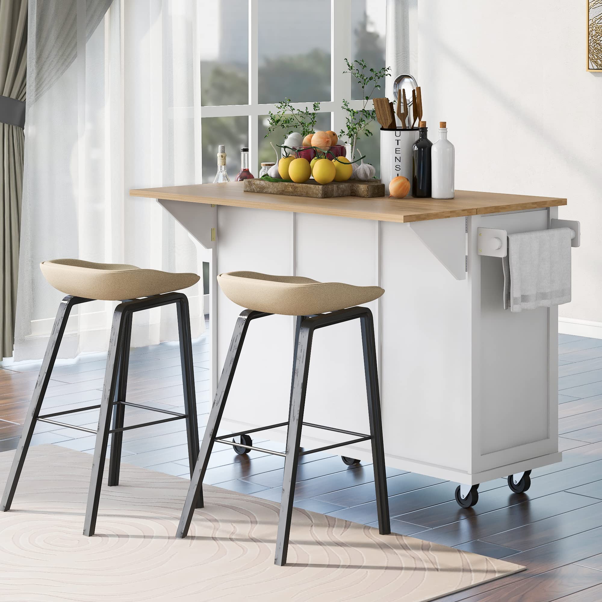 MACHOME Mobile Kitchen Cart Island Table on Wheels with Storage Cabinet, Rolling Kitchen Island Cart with 4 Door Cabinet and Two Drawers, Solid Wood Top Coffee Bar for Dining Room, White