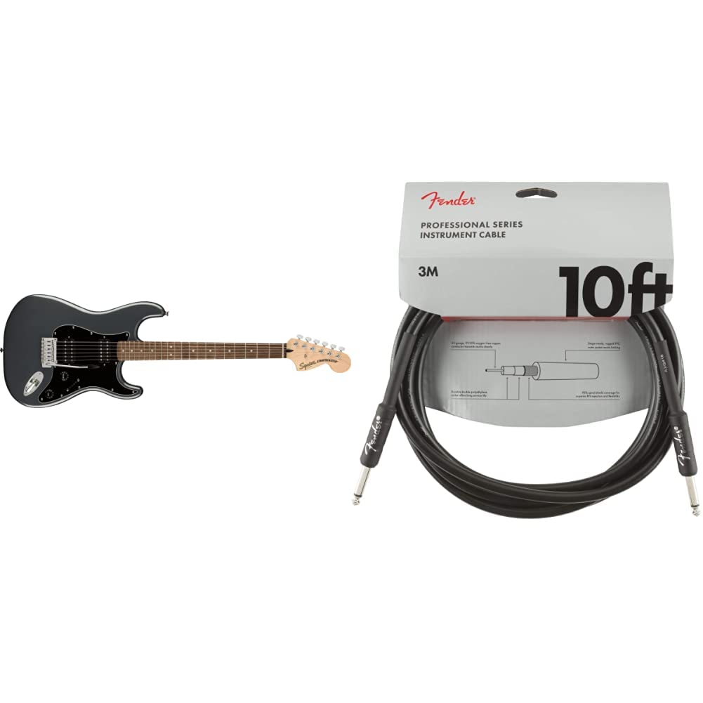 Squier Affinity Series Stratocaster Electric Guitar, Charcoal Frost Metallic, Laurel Fingerboard & Professional Series Instrument Cable, Straight/Straight, Black, 10ft