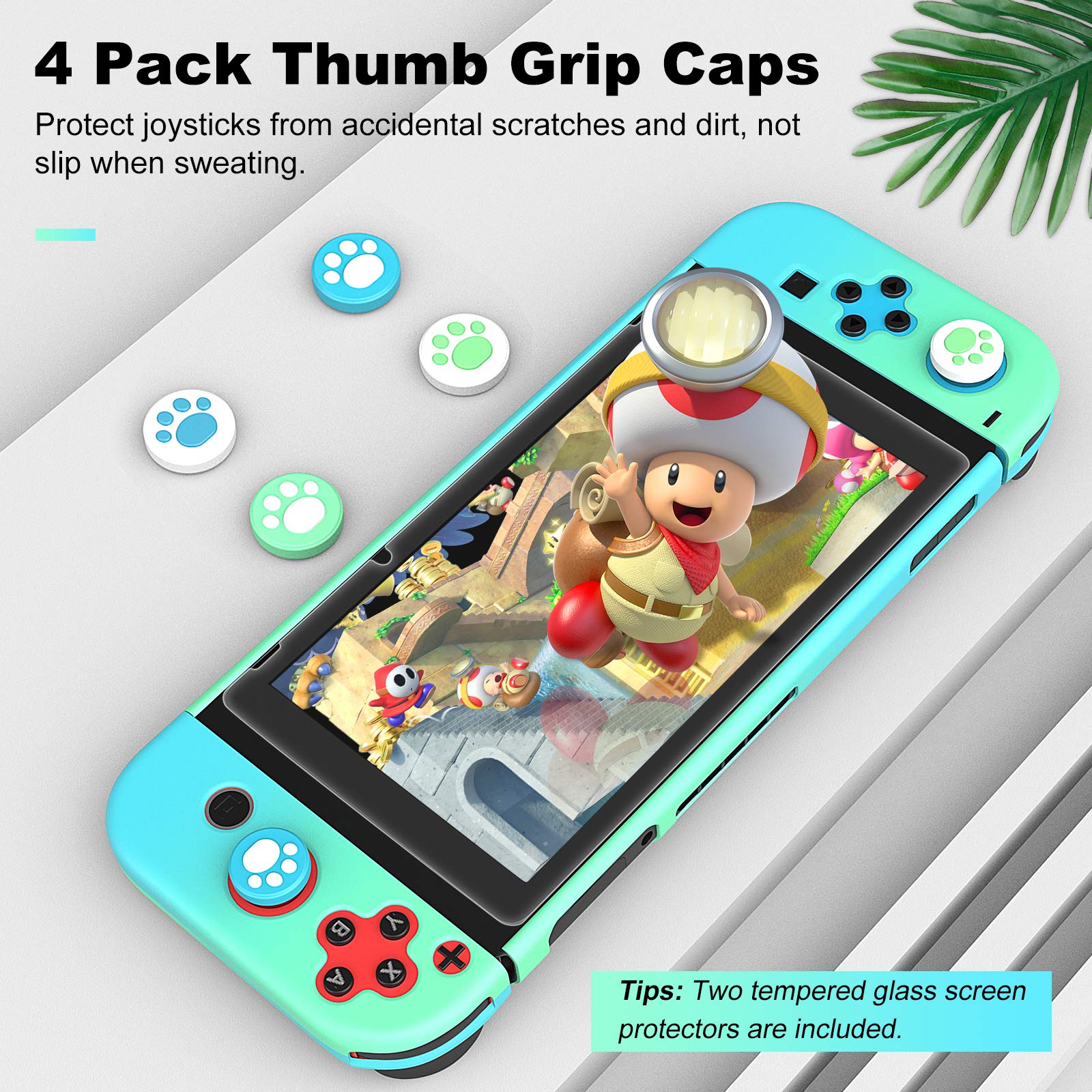 MoKo Dockable Case Compatible with Nintendo Switch,Protective Cover Compatible with Switch Console and Joy-Con Controller,4 Thumb Grip Caps & 2 HD-Clear Tempered Glass Screen Protectors, Blue + Green