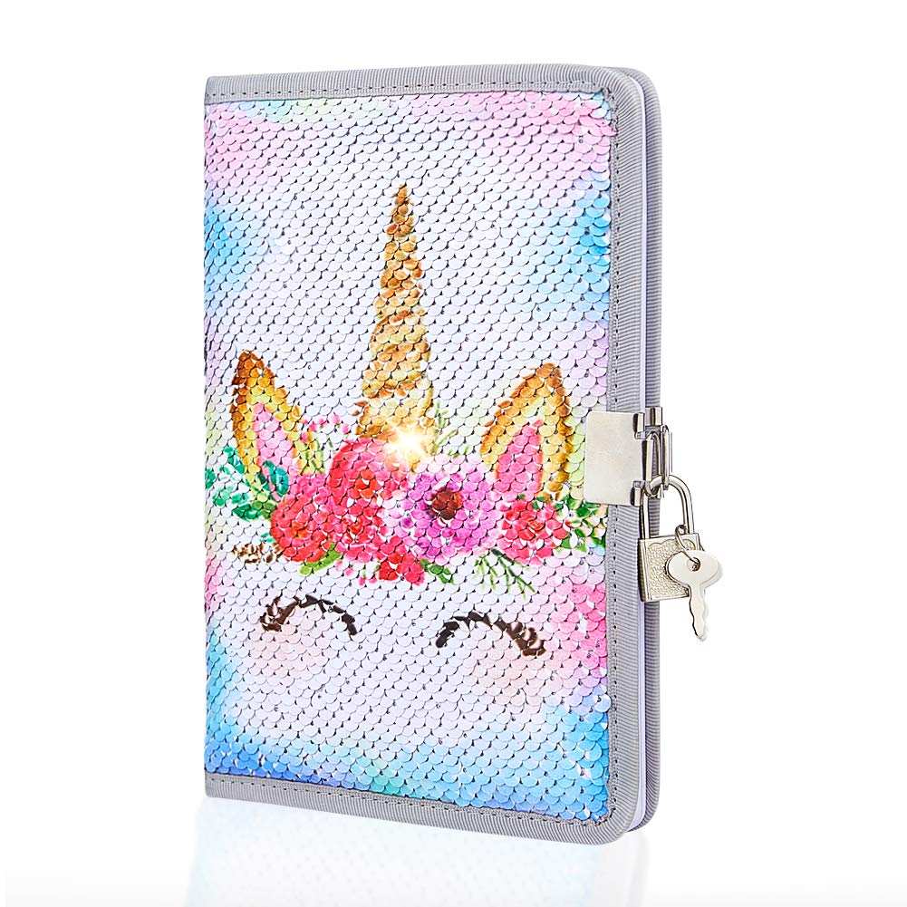 MHJY Sequin Unicorn Journal Secret Diary with Lock,Reversible Mermaid Sequin Notebook Private Journal Magic Unicorn Notebook Gifts for Girls