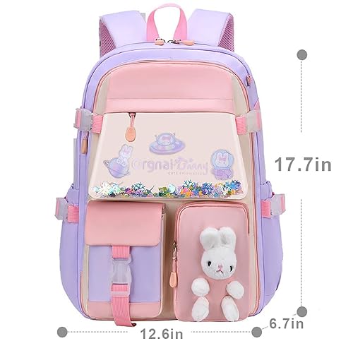 Nzahdwu Kawaii Backpack Girls, Cute Bunny Backpacks,Cartoon Large Capacity Waterproof Backpack Multifunction Laptop Travel Bag for Teens (Purple-17.7in)