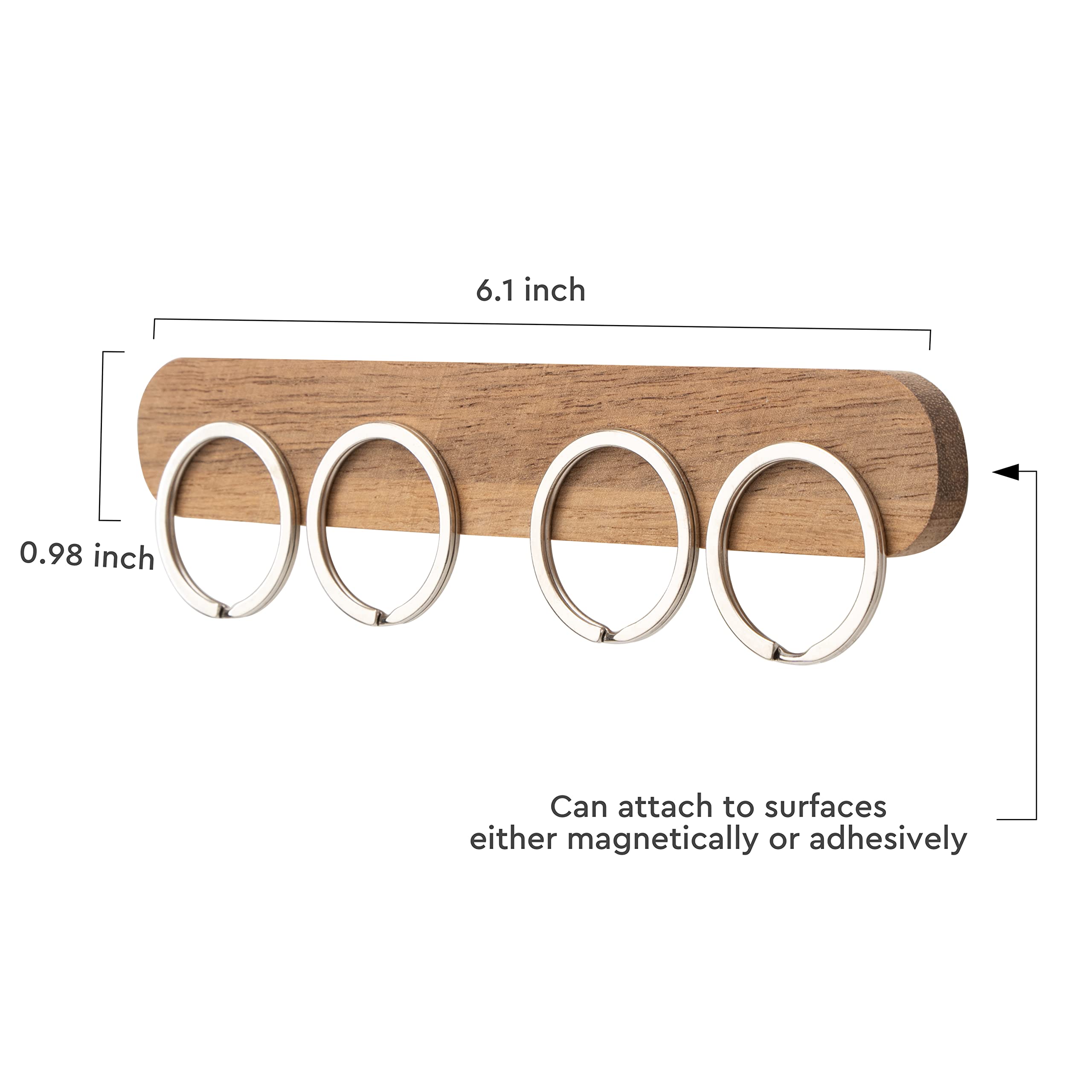 Modern Magnetic Key Holder for Wall, Solid Wood, Holds 4 Keys, and Includes 4 Metal Key Rings and Mounted by Either Magnetically or Using Self Adhesive Tape for Renter Friendly, Nail-Free Installment