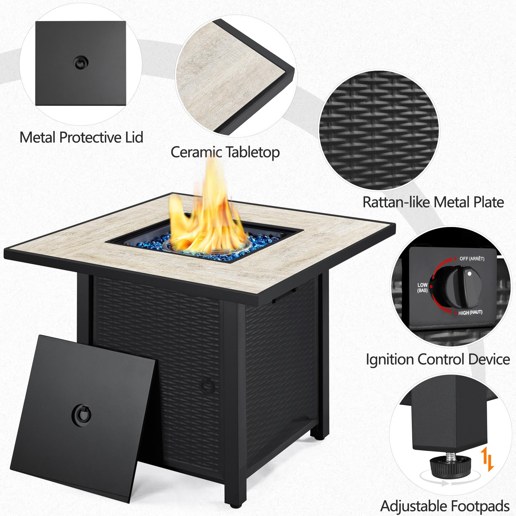 Yaheetech 30" Propane Gas Fire Pit Table 50,000 BTU Square Gas Fire Table with Ceramic Tabletop and Blue Fire Glass for Outdoor /Patio with Rattan Pattern Steel Base/Lid, Black