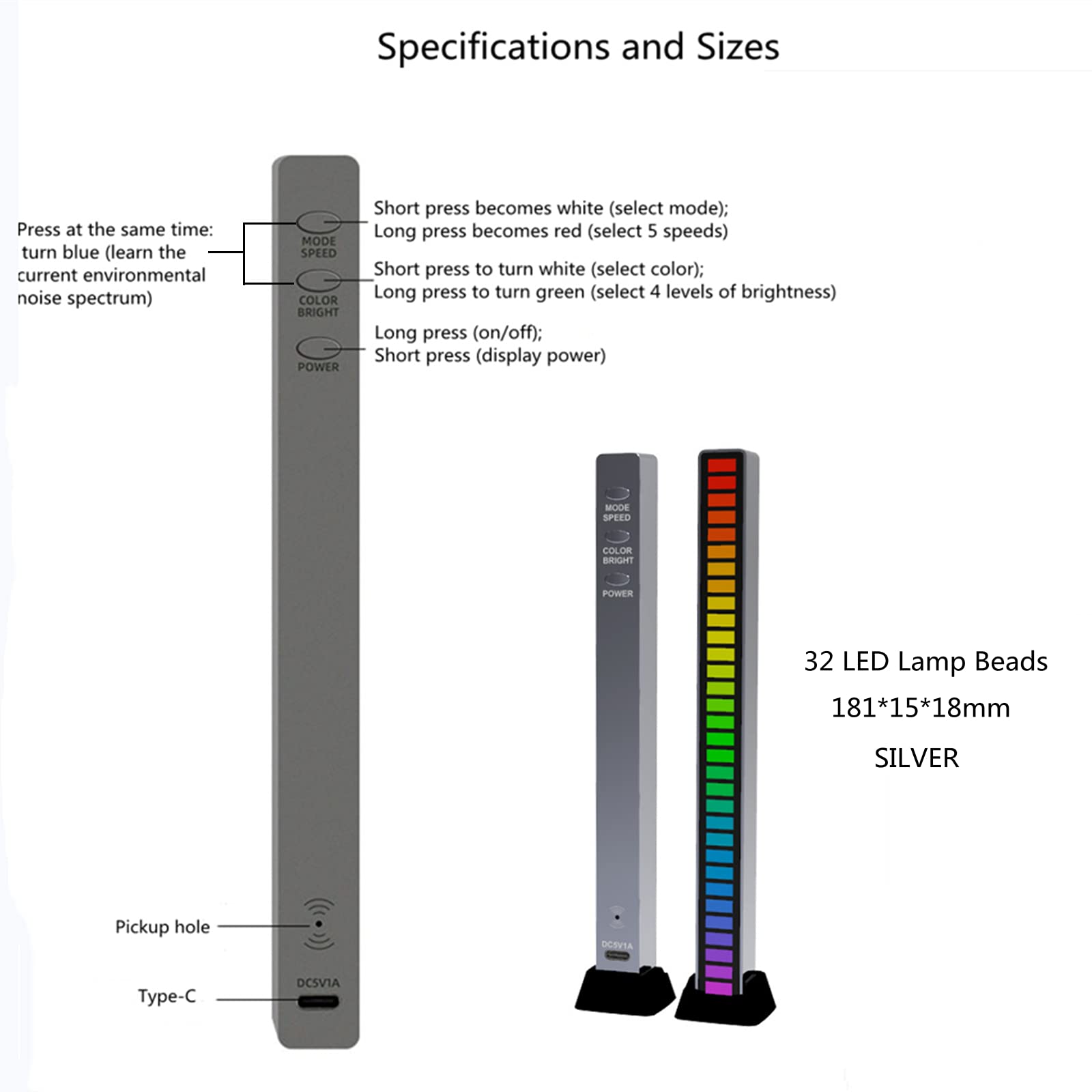 RGB Sound Control Pickup Rhythm Light, Voice-Activated Pickup Rhythm Light with 32 Bit Music Level Indicator, Colorful LED Ambient Strip Light for Car, PC, TV, Room, Desktop (32-Silver)