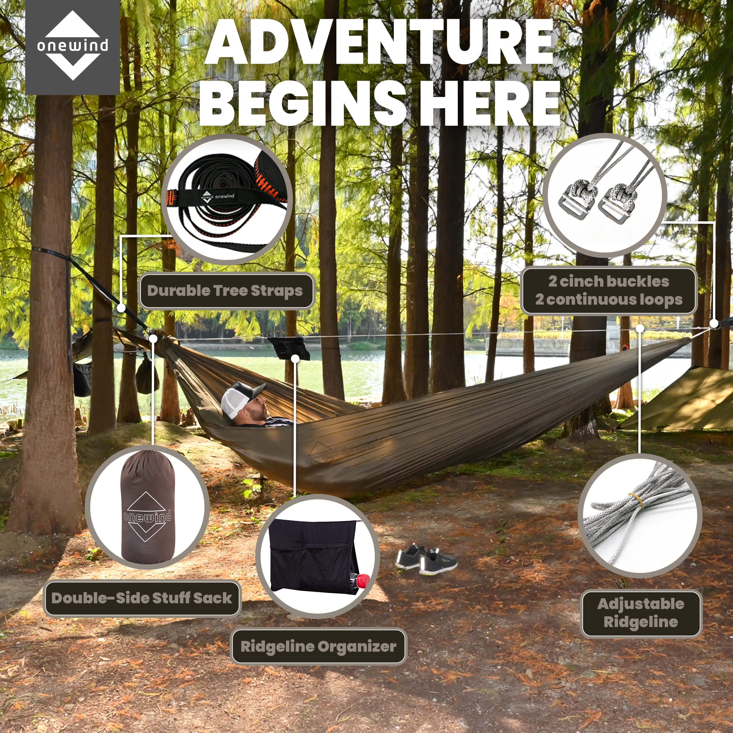 onewind Ultralight Camping Hammock, 11ft Double Layer Hammock Portable Lightweight Large Hammock with Tree Straps for Winter Camping, Backpacking and Hiking, OD Green
