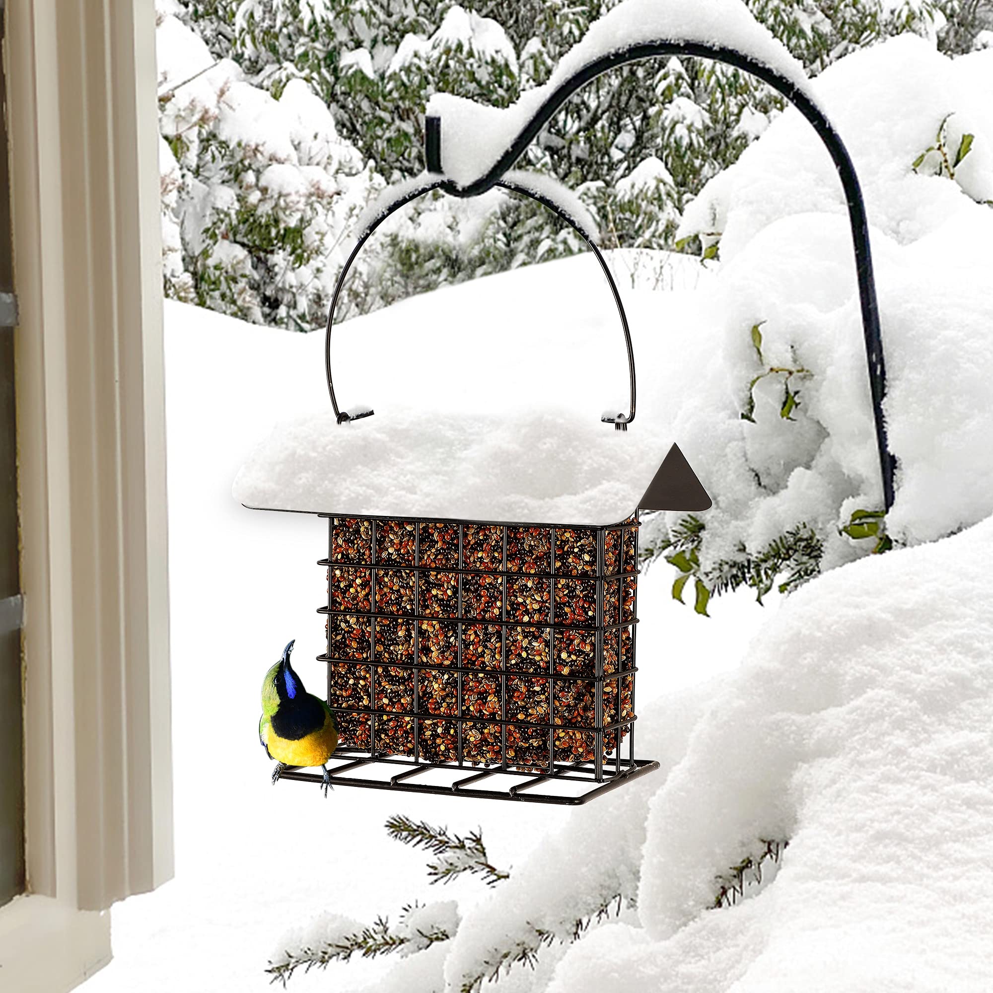winemana Outdoor Wild Bird Feeder, Black Small Hanging with Metal, Rainproof Squirrel-Proof, Single Suet Cake Style for Outside Office
