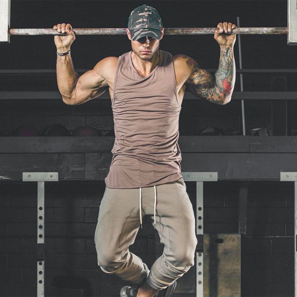 Magiftbox Mens Extended Scoop Workout Stringer Tank Tops Gym Shirts for Men Black/Khaki T05_Khaki_US-M