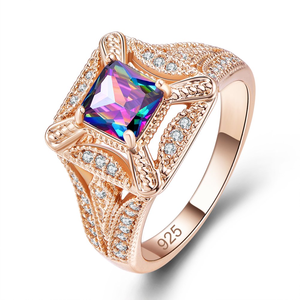 Psiroy Yellow Gold Plated Created Rainbow Topaz Art Deco Statement Rings for Women Size 12