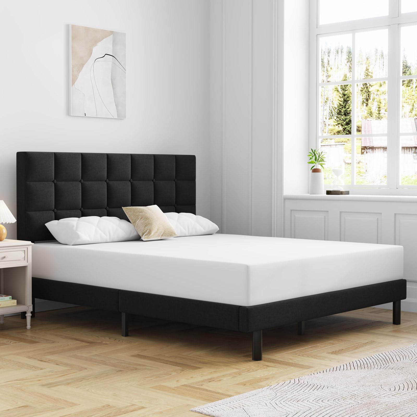 Molblly Queen Bed Frame Upholstered Platform with Headboard and Strong Wooden Slats,Non-Slip and Noiseless,No Box Spring Needed, Easy Assembly,Black