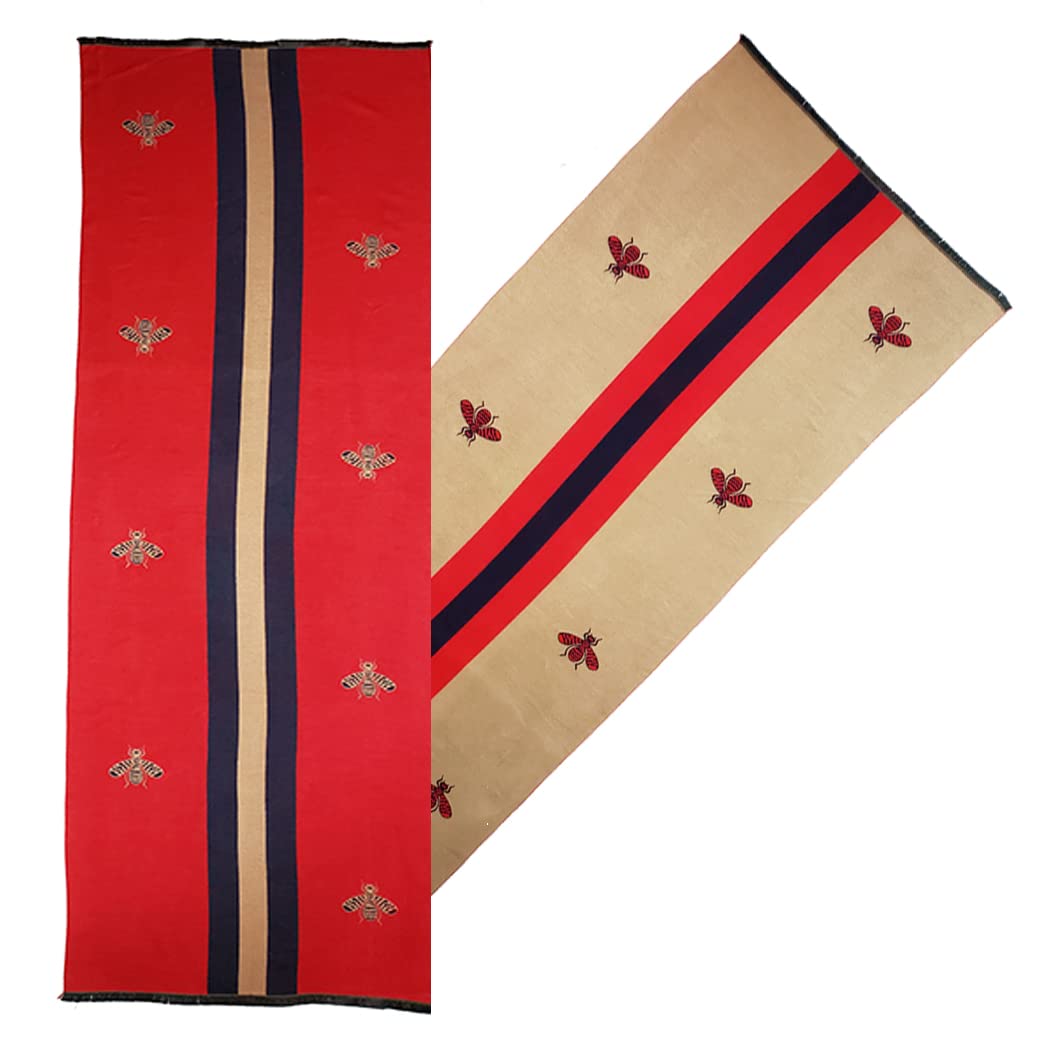Rosemarie & Jubalee Women's Chic Reversible Navy Tan And Red Designer Bee Fashion Wrap Scarf, 72"