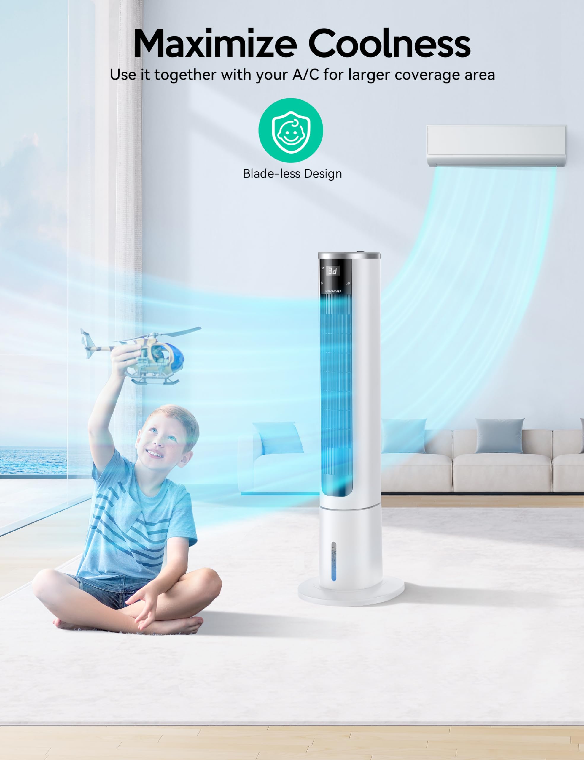 VAGKRI Evaporative Air Cooler, 80° Oscillation Swamp Cooler with Ice Packs, Air Cooler with Remote Control, 24H Timer, 3 Wind Speeds & 4 Modes for Indoor Use