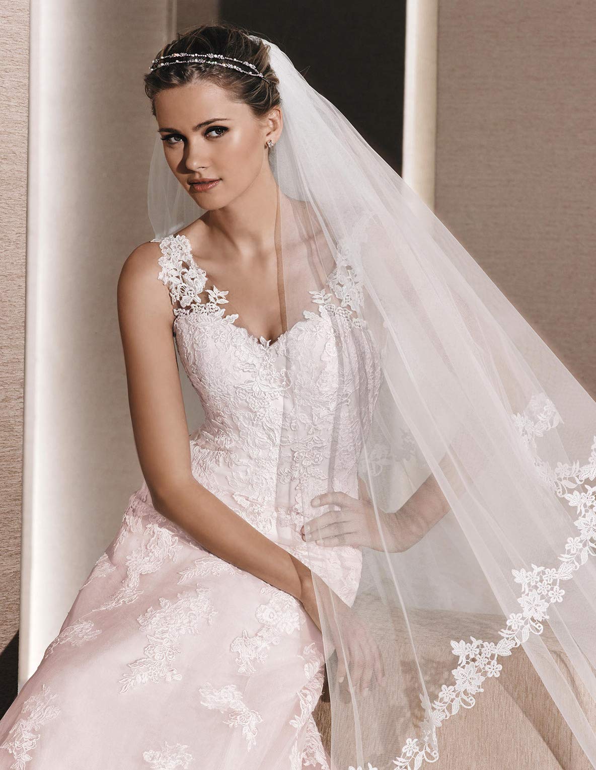 Passat Ivory 120" 2Tiers Soft French Lace Cathedral Wedding Veils For Brides Embroidered Lace Bridal Veil Ivory Comb