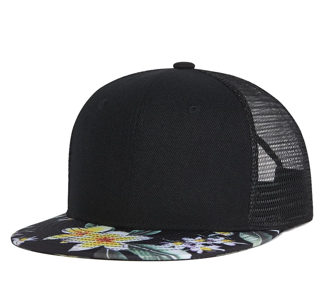 Quanhaigou Mesh Trucker Hats,Outdoor Snapback Dad Hat,Hip Hop Men Women Adjustable Baseball Caps (Black Flower B)
