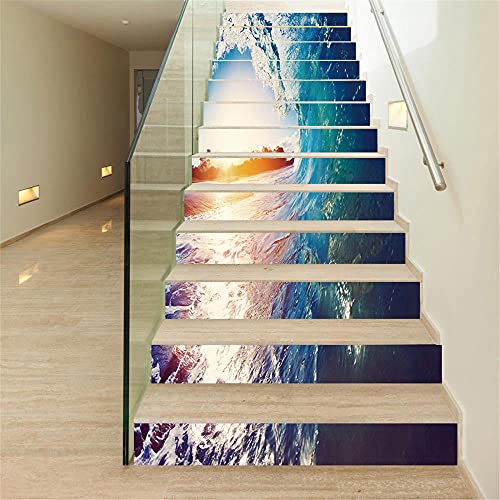 Master_GGG 13 Pcs 1 Set 3D Waves Stair Stickers Self-Adhesive Wall Stair Stickers for Home Decoration, Waterproof Stair Mural, 100cm X 18cm for Stair Decor Mural