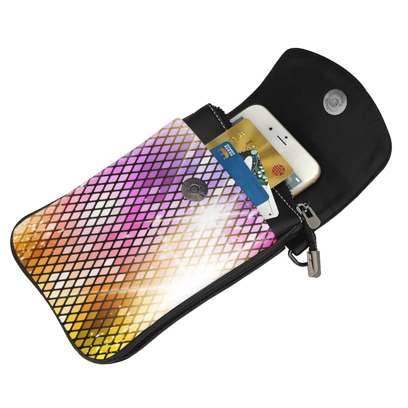 Women Cell Phone Purse Leather Crossbody Bag-Colorful Discos Pattern Mini Shoulder Bag Card Holder Wallet