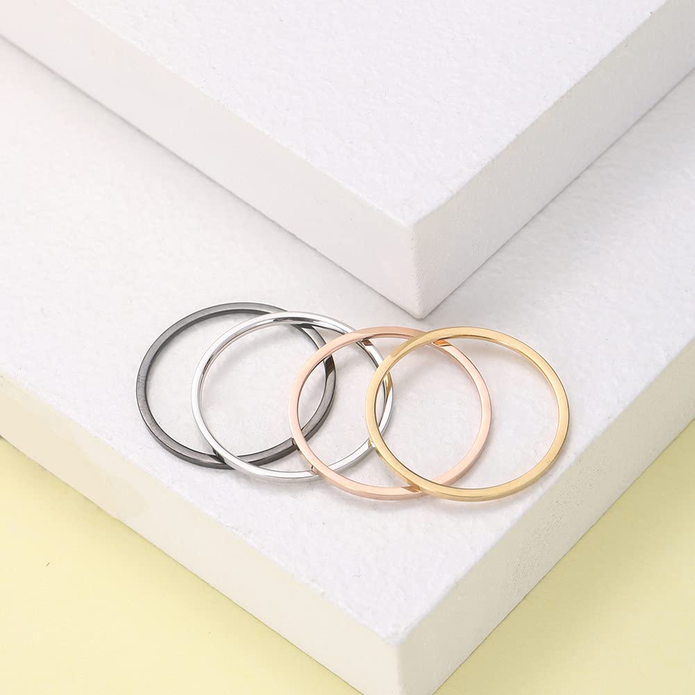 NUNCAD 4Pcs 1mm Stainless Steel Women's Plain Band Thin Knuckle Stacking Rings Comfort Fit Size 5 Steel/Gold/Rose Gold/Black Tone