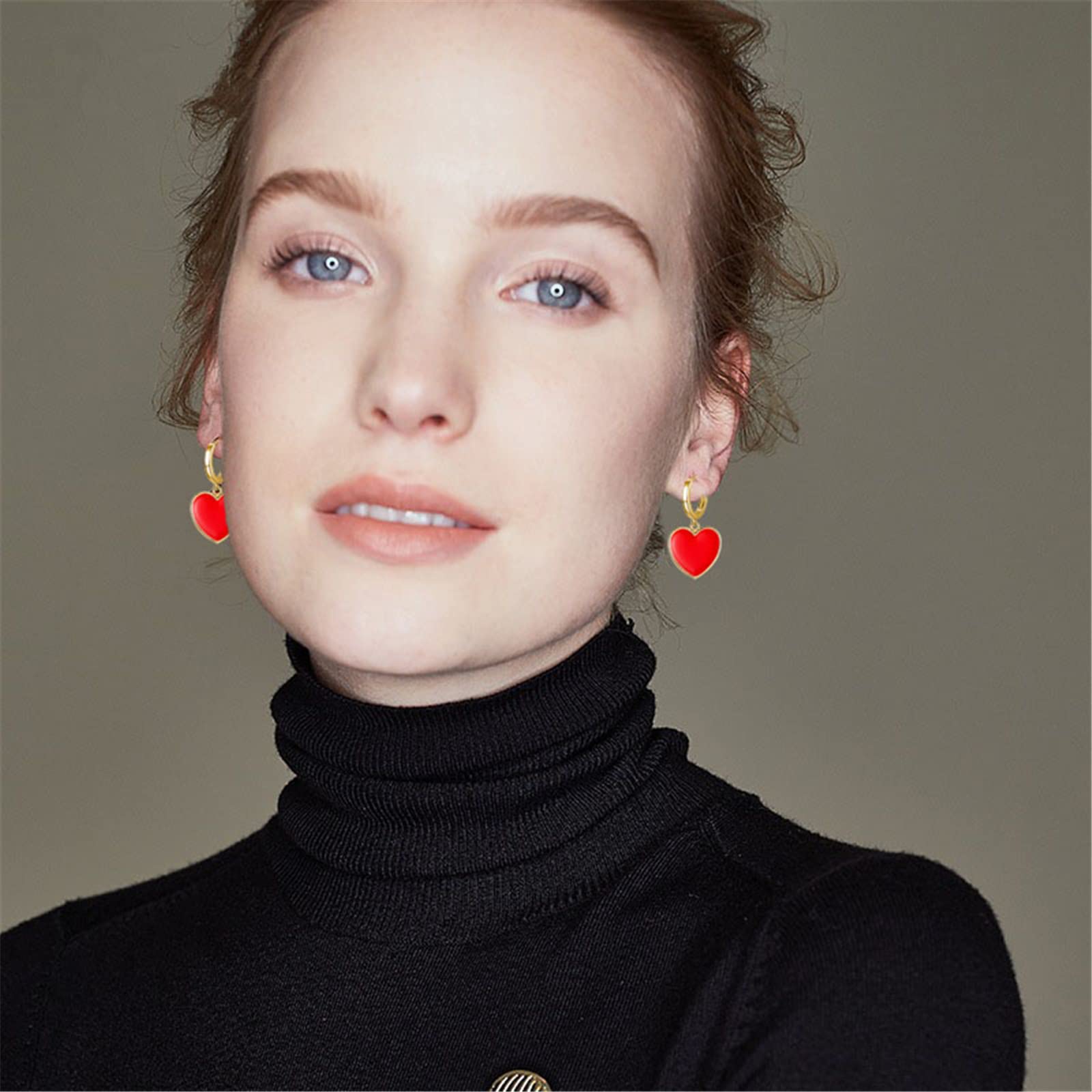 ONLYJUMP 14K Gold Plated Huggie Earrings CZ Tiny Small Hoop Earrings Red Enamel Heart Ear Cuff Initial Huggies Earrings Minimal Jewelry (red heart)