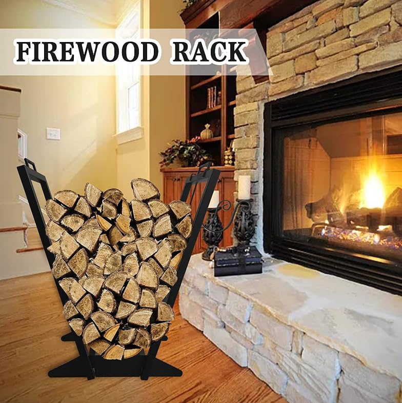 YANGSHUO Firewood Rack Indoor - 23-Inch Fireplace Firewood Holder with Kindling Holder,Heavy Duty Indoor Wood Log Rack