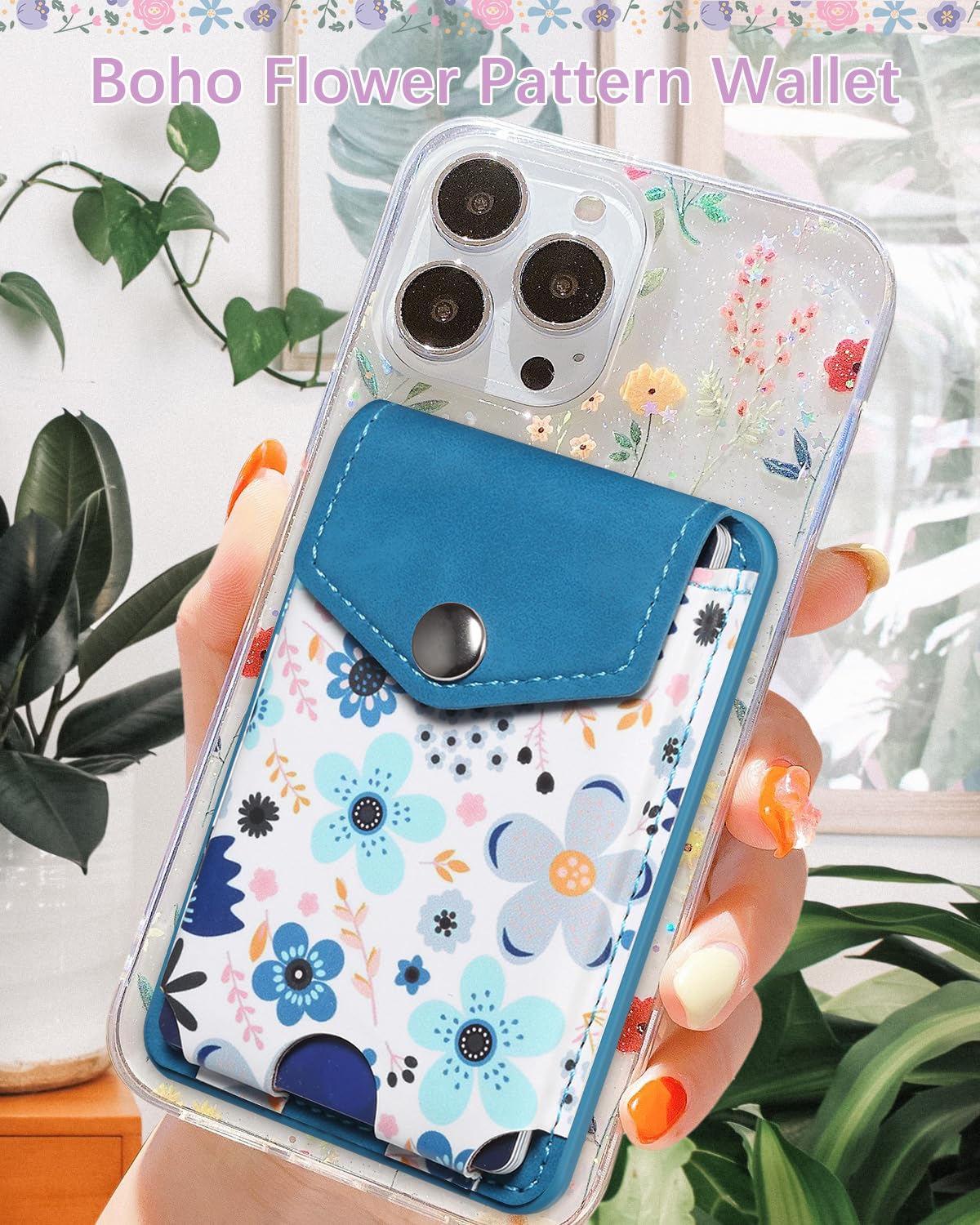 Magnetic Card Holder for Apple Magsafe Wallet for iPhone 15/14/13/12 Series, Fit 5 Cards RFID Blocking Mag Safe Floral Pattern Leather Wallet for iPhone 15 PLUS,Pro Max - Blue