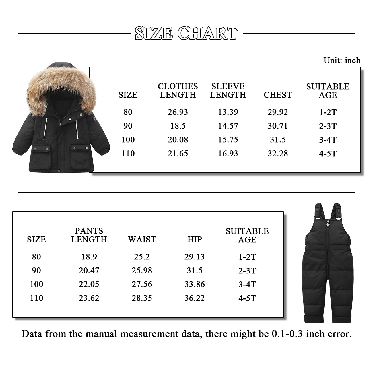 Toddler Snowsuit Baby Winter Clothes Coats Boy Snow Pants and Jackets Bib 1-2T