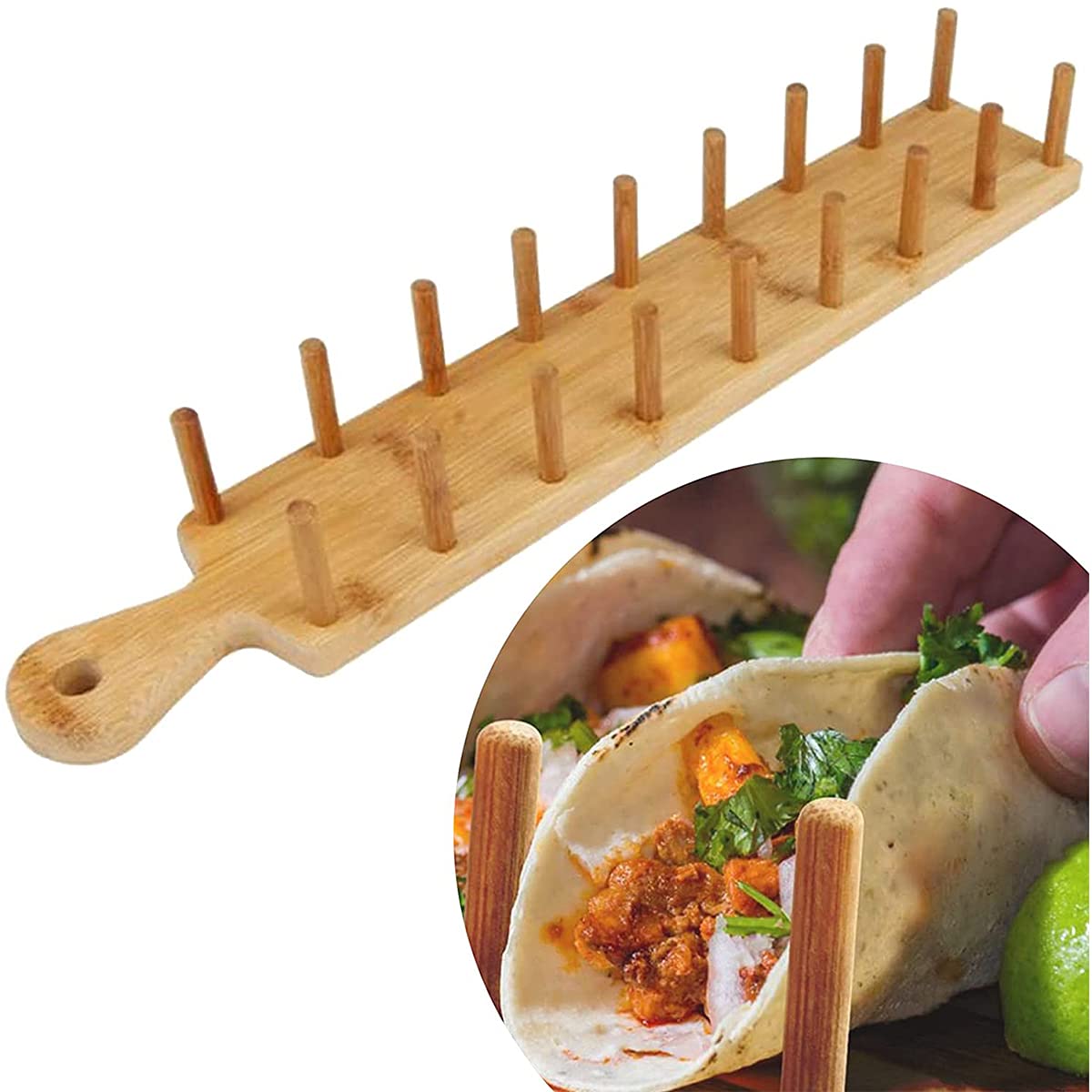 Taco Holder Stand, Wooden Taco Plates Tray Rack Holds 8 Soft or Hard Shell, Taco Bar Serving Set for a Party, Tortillas, Burritos, Home, Parties