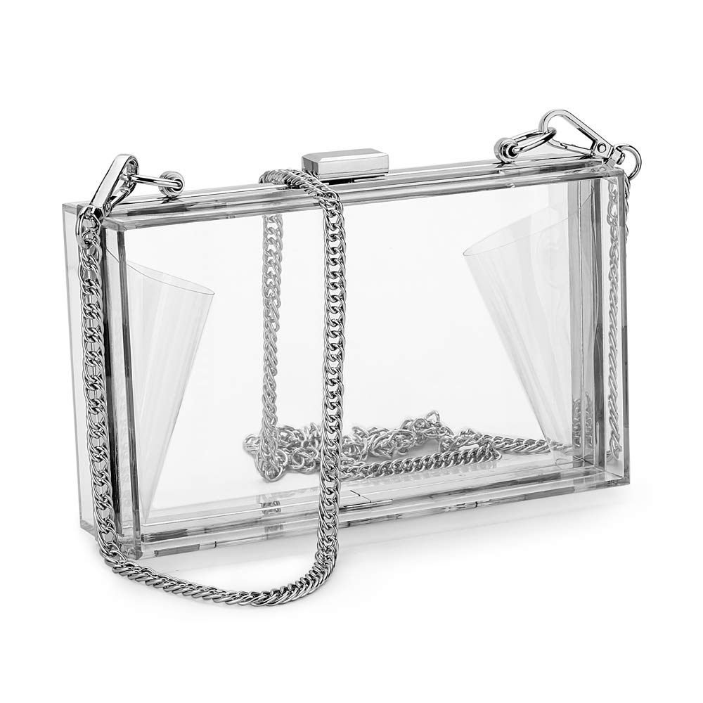 MoLongChe Acrylic Clear Purse For Women, Crossbody Shoulder Handbag Evening Clutch Bag Chain Strap - Silver