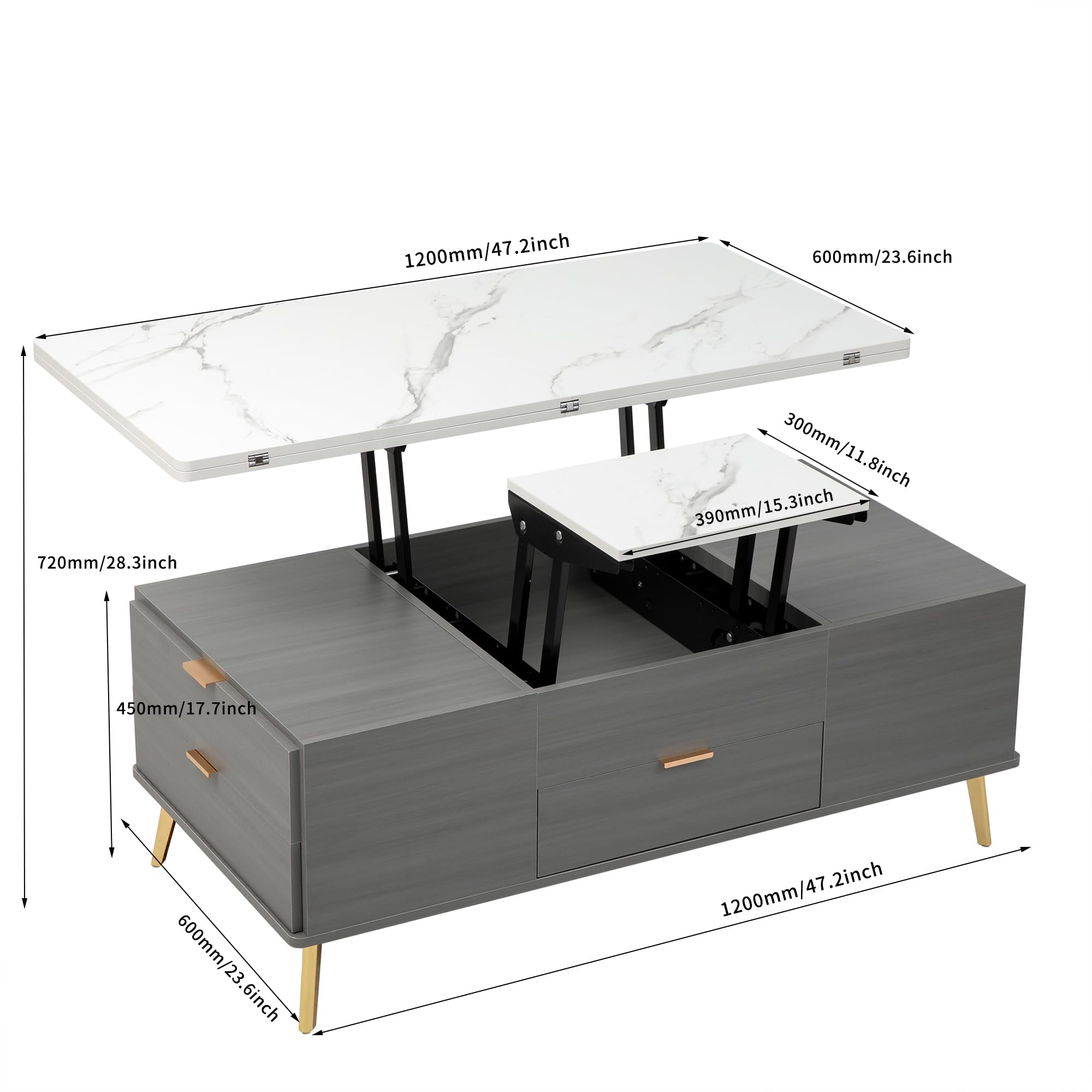 Merax Coffee Table for Living Room Lift Top with Drawers Storage Shelf Desktop Modern Accent Furniture Space Saving Bedroom(47.2 Inch), Gray/Marbling White