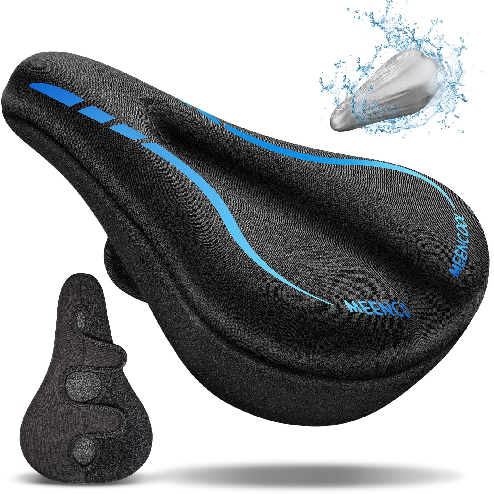 MEENCOOL Bike Seat Cushion - Gel Padded Bike Seat Cover for Men & Women Comfort, Adjustable Velcro Secure Bicycle Seat Cushion Compatible with Peloton, Indoor & Outdoor Bicycle Seat(11"x7"ďźBlue)
