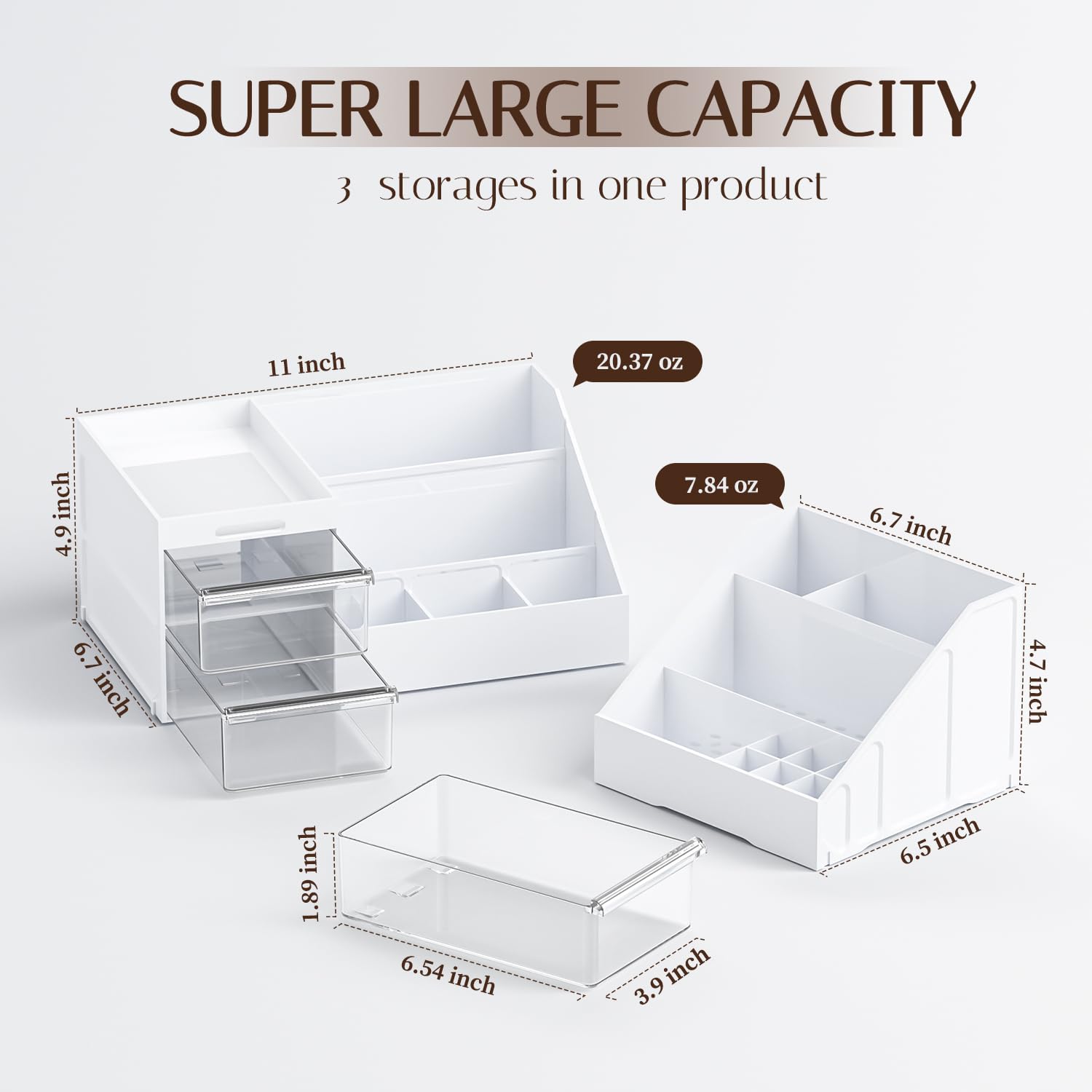 Makeup Organizer, Large Capacity with Drawers for Vanity, Makeup Brush, Nail Polish and Beauty Supplies White/Clear