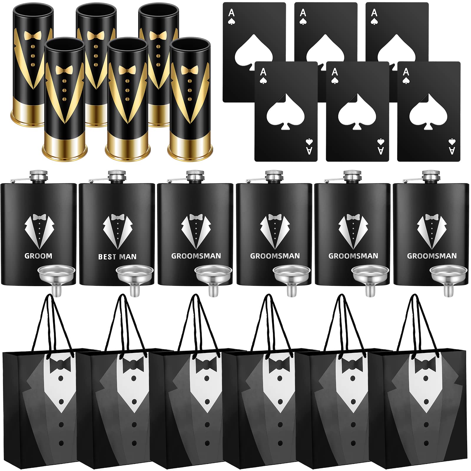 Set of 6 Groomsmen Gifts, 6 Pcs 8oz Stainless Steel Tuxedo Flask 6 Pcs Groomsmen Gauge Glasses with 6 Pcs Poker Bottle Cap Opener 6 Pcs 7.5 x 3.5 Inch Groomsmen Gift Bags for Wedding Bachelor Party