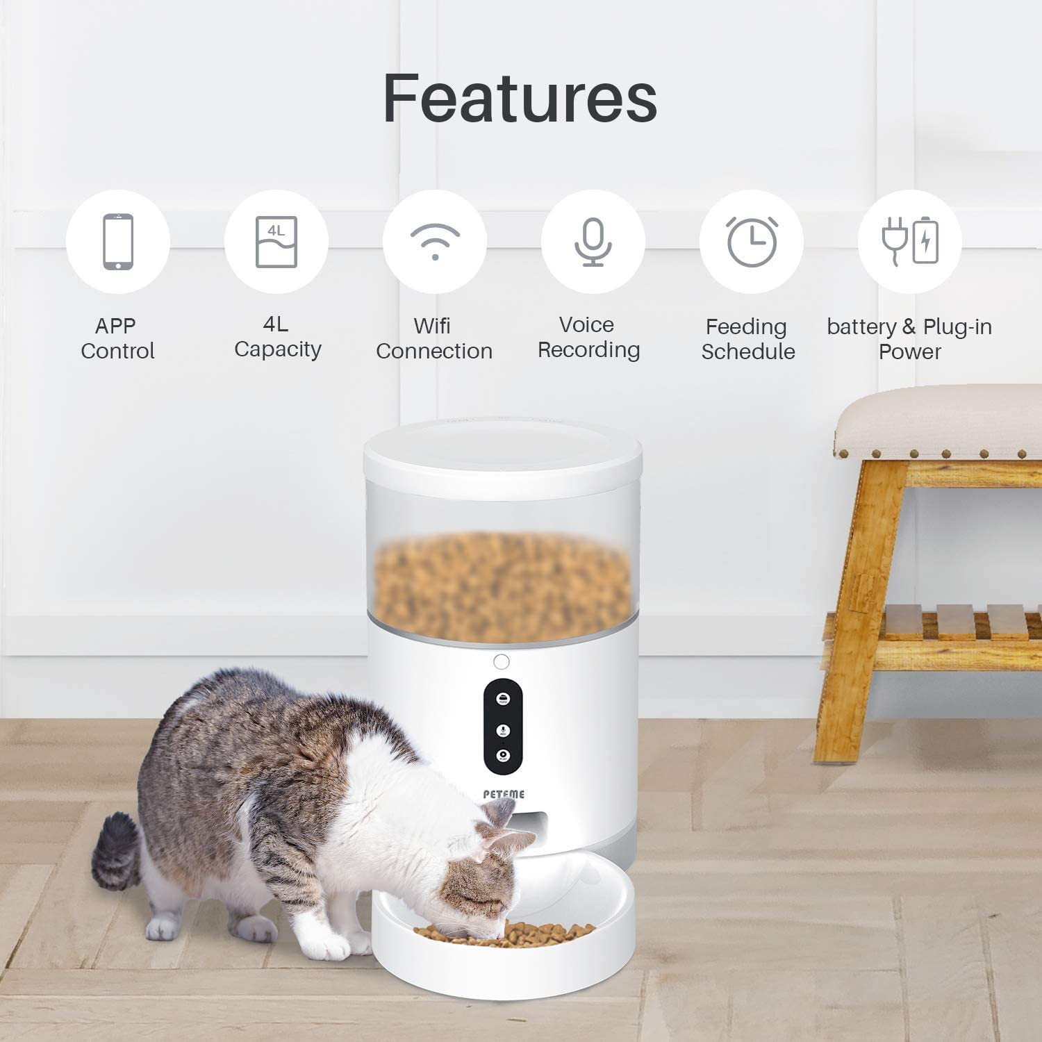 Peteme Automatic Cat Feeder, Smart Pet Feeder for Small Animals, Cat Food Dispenser for Dog with APP Cotrol, 2.4G Wi-Fi Enabled, Portion Control, 4L