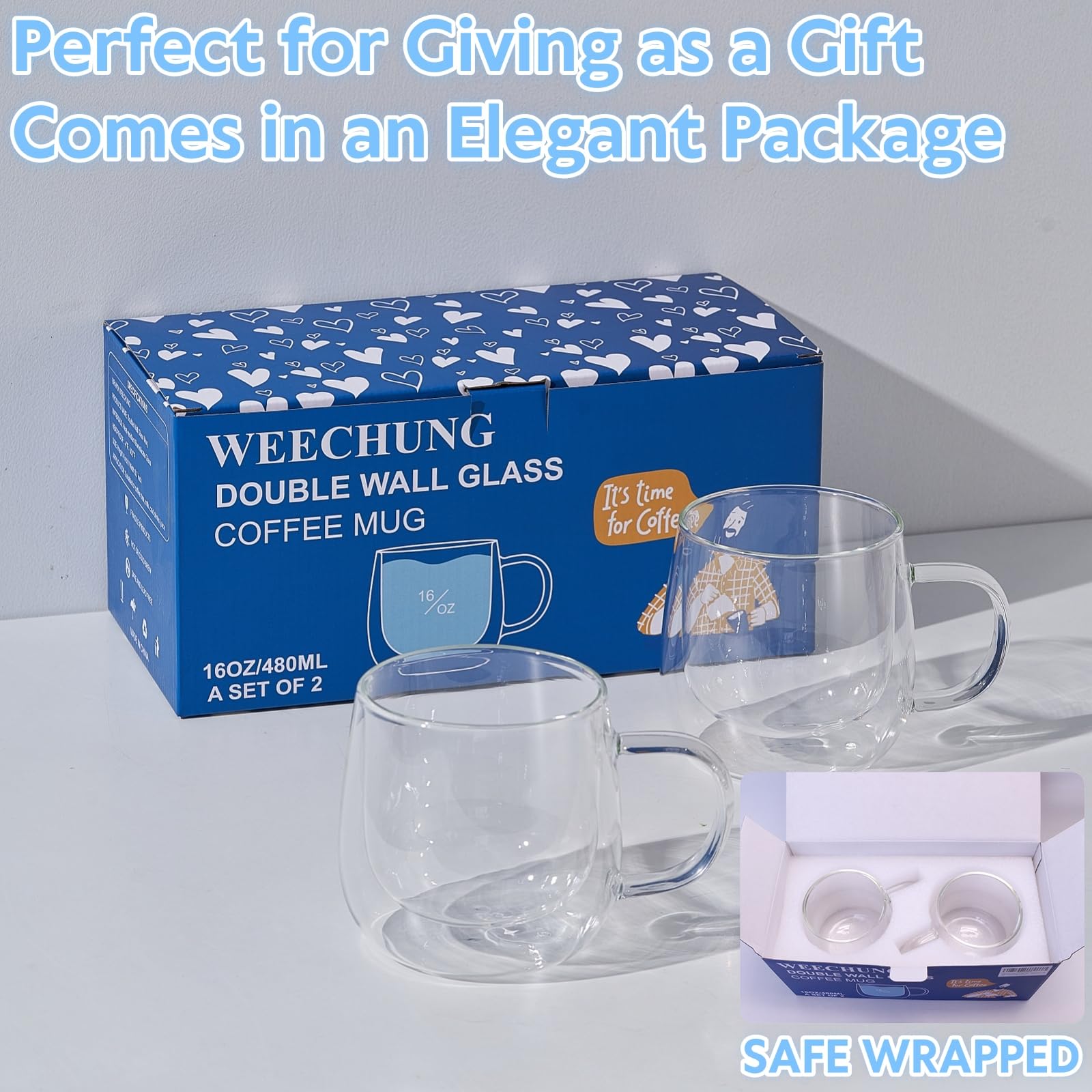 WEECHUNG 16oz Double Wall Glass Coffee Mugs Set of 2, Clear Coffee Mug, Insulated Glass Coffee Cups, Glass Mugs with Handles, Large Coffee Mug for Cappuccino, Americano, Tea